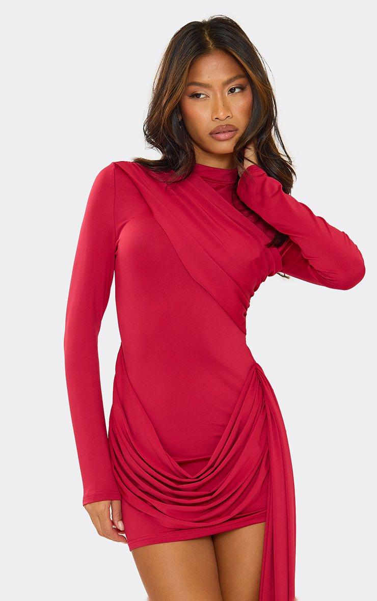Long Sleeve Crossover Drape Front Detail Mini Dress In Red | EGO US | EGO