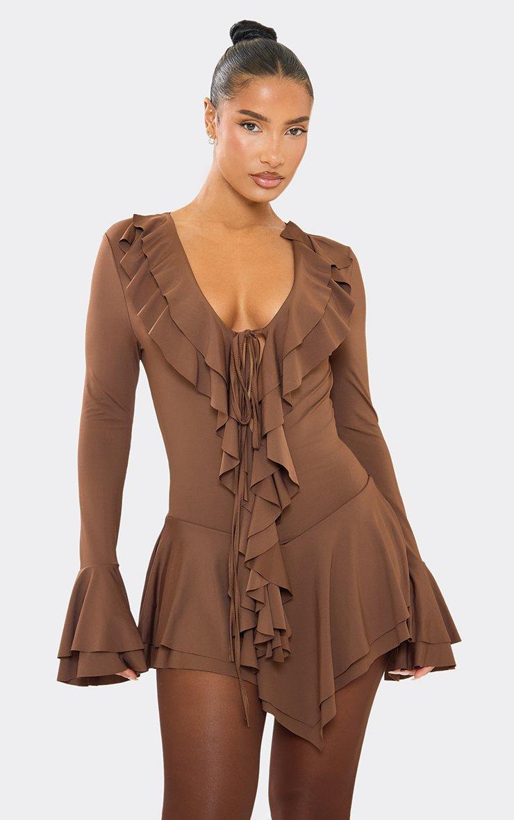 Flared Sleeve Plunge Front Frill Detail Mini Dress In Chocolate Brown ...