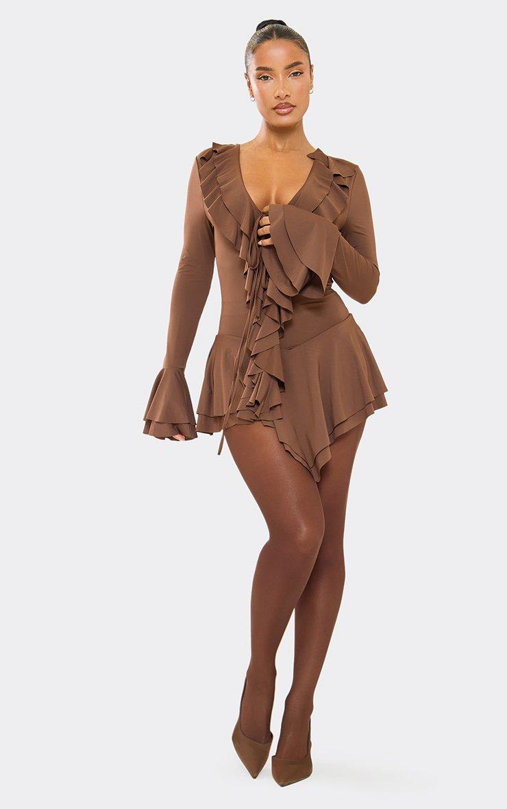 Flared Sleeve Plunge Front Frill Detail Mini Dress In Chocolate Brown ...
