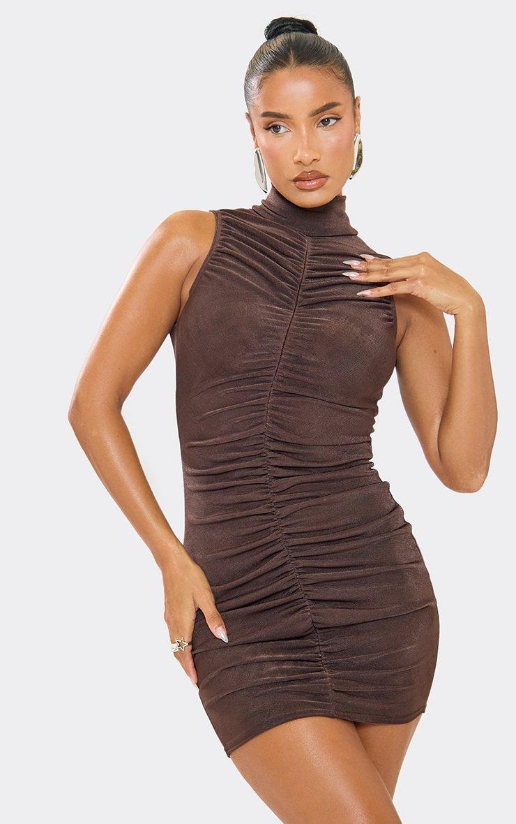 High Neck Ruched Detail Mini Dress In Chocolate Brown | EGO EU | EGO