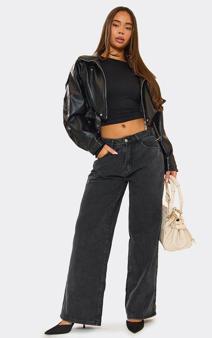 High Neck Cropped Zip Detail Bomber Jacket In Black Faux Leather | EGO ...