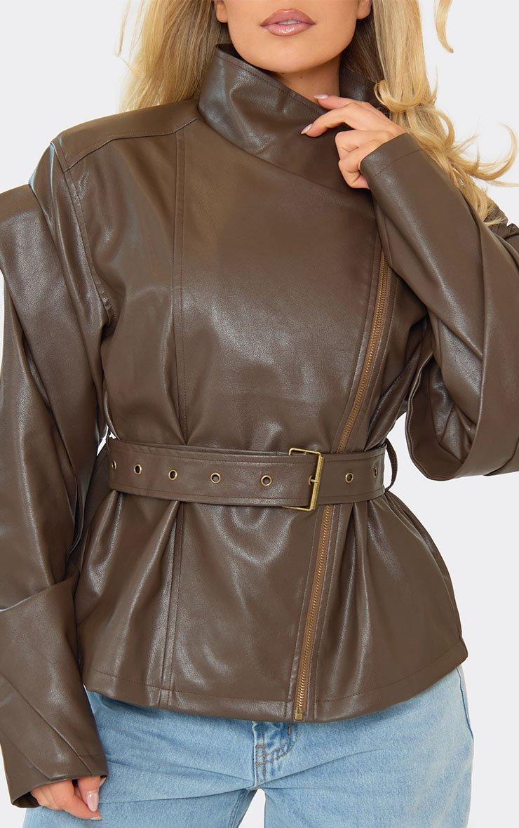 Long Sleeve High Neck Belted Jacket In Chocolate Brown Faux Leather ...