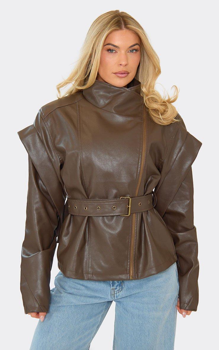 Long Sleeve High Neck Belted Jacket In Chocolate Brown Faux Leather ...