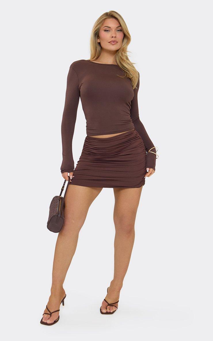 Mid Rise Ruched Side Mini Skirt In Chocolate Brown Slinky | EGO US | EGO