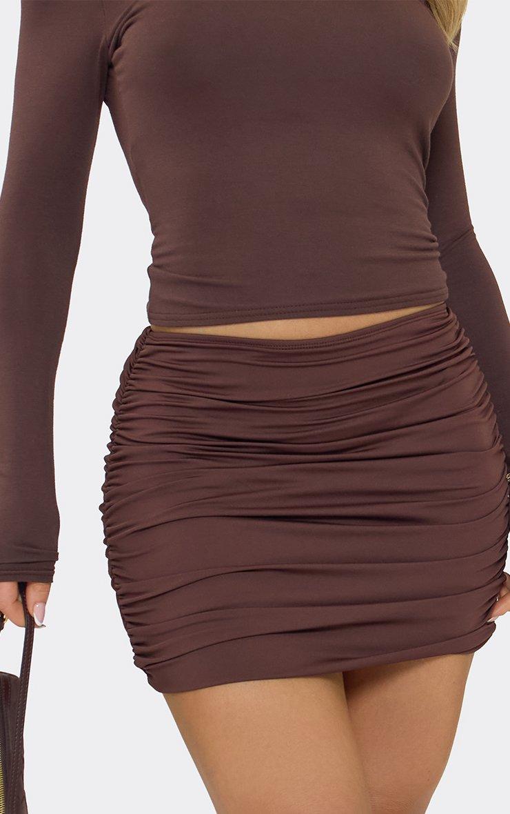 Mid Rise Ruched Side Mini Skirt In Chocolate Brown Slinky | EGO US | EGO