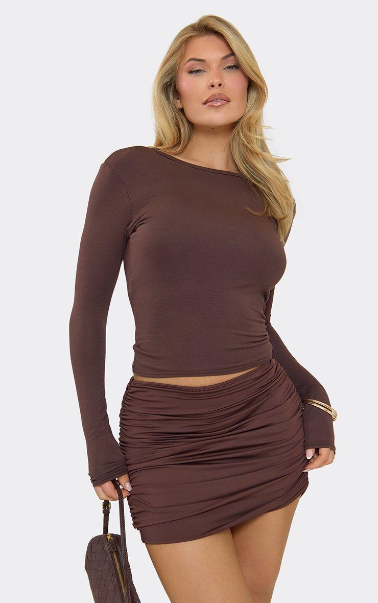 Mid Rise Ruched Side Mini Skirt In Chocolate Brown Slinky | EGO US | EGO