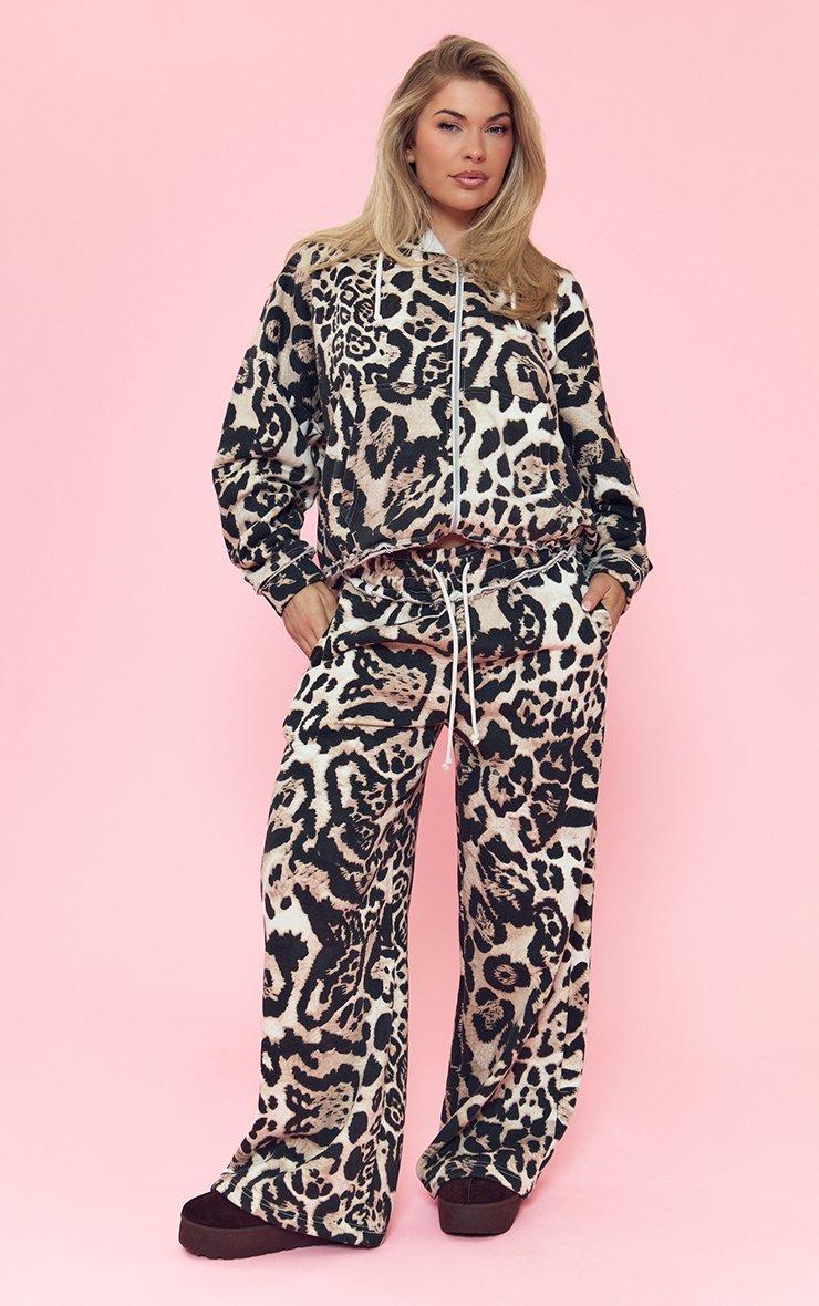Mid Rise Drawstring Waist Wide Leg Joggers In Brown Leopard Print | EGO ...