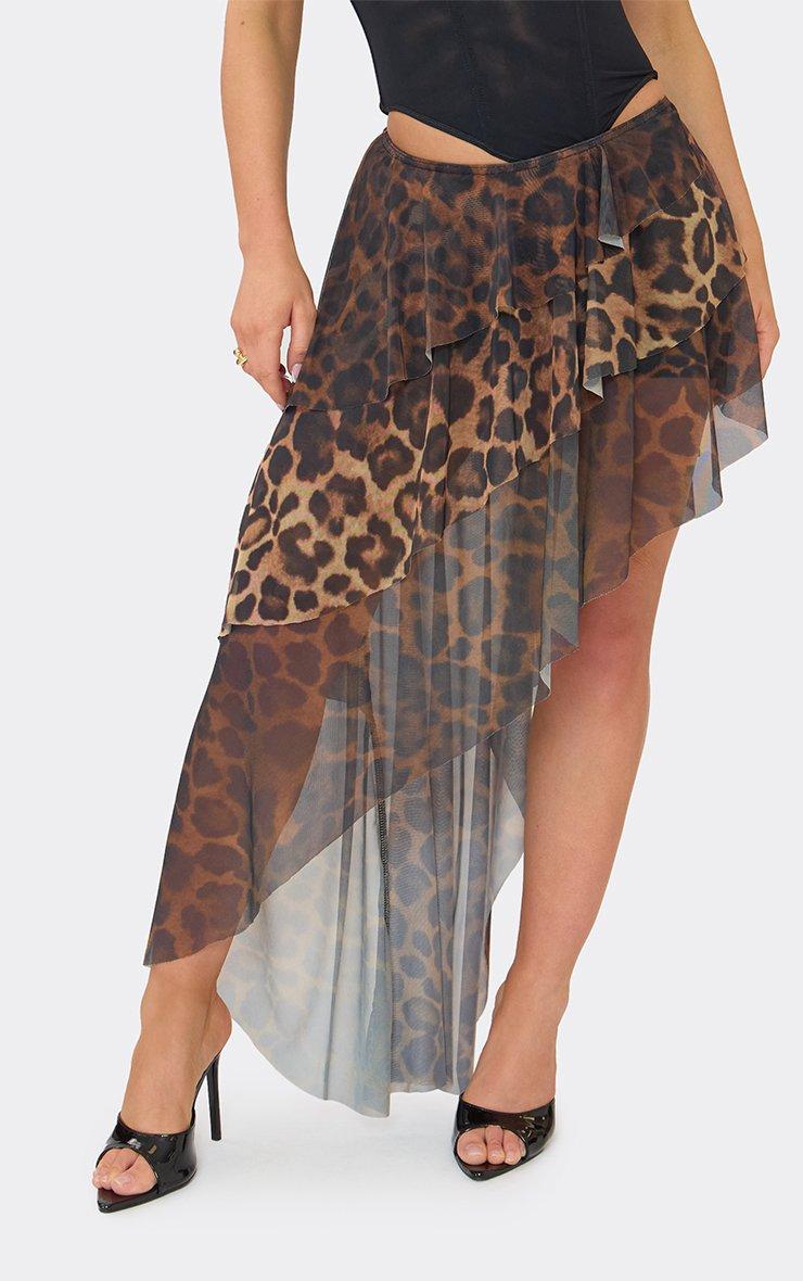 Low Rise Asymmetric Ruffle Maxi Skirt In Multi Leopard Print Chiffon ...