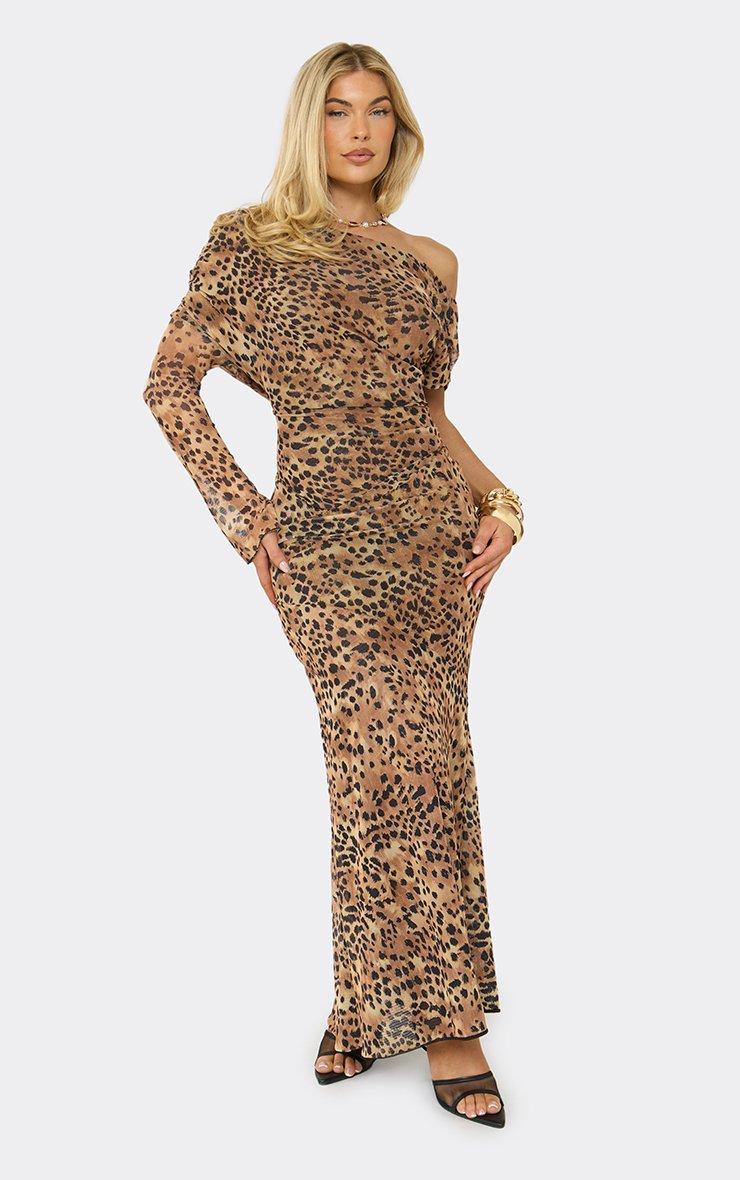 One Sleeve Off The Shoulder Cowl Back Maxi Dress In Cheetah Print Mesh ...