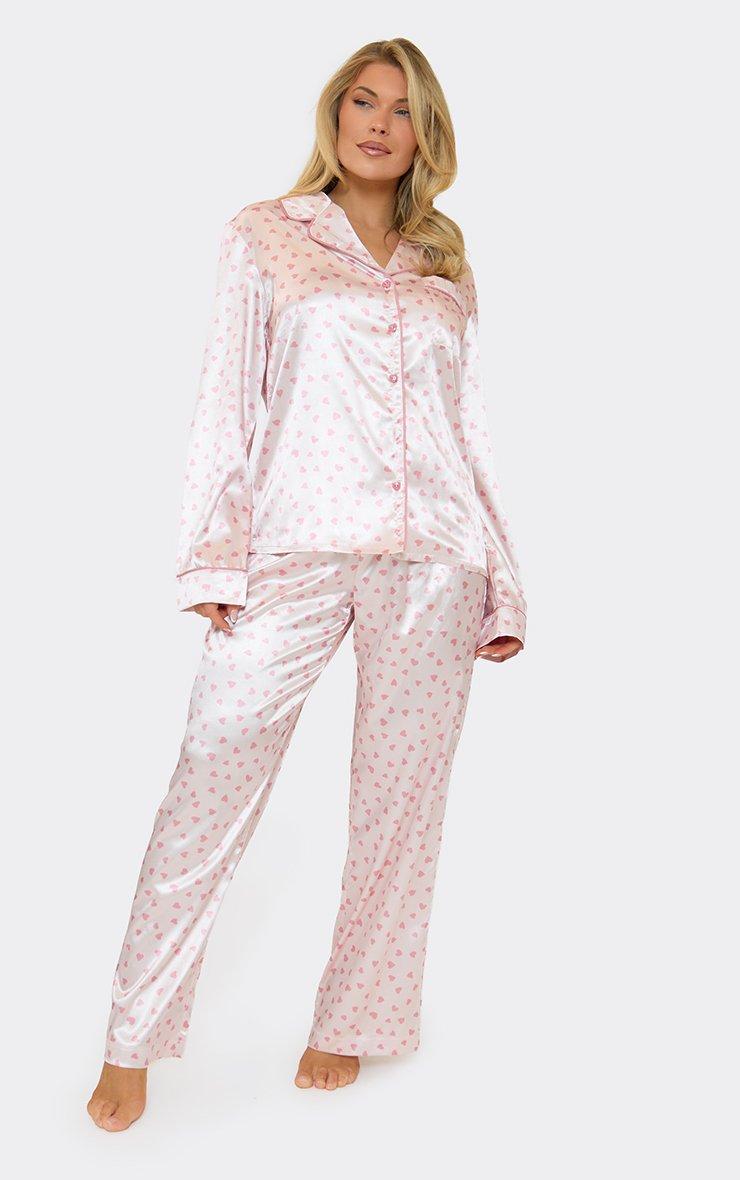 Heart Button Front Shirt And Trouser Pyjama Set In Pink Heart Print ...