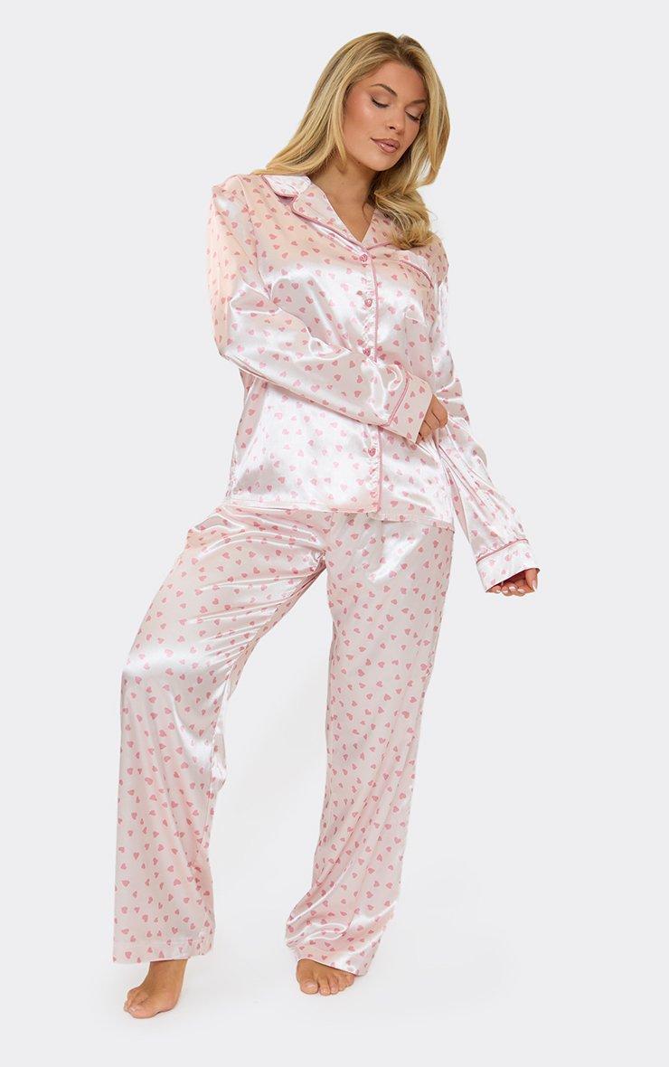 Heart Button Front Shirt And Trouser Pyjama Set In Pink Heart Print ...
