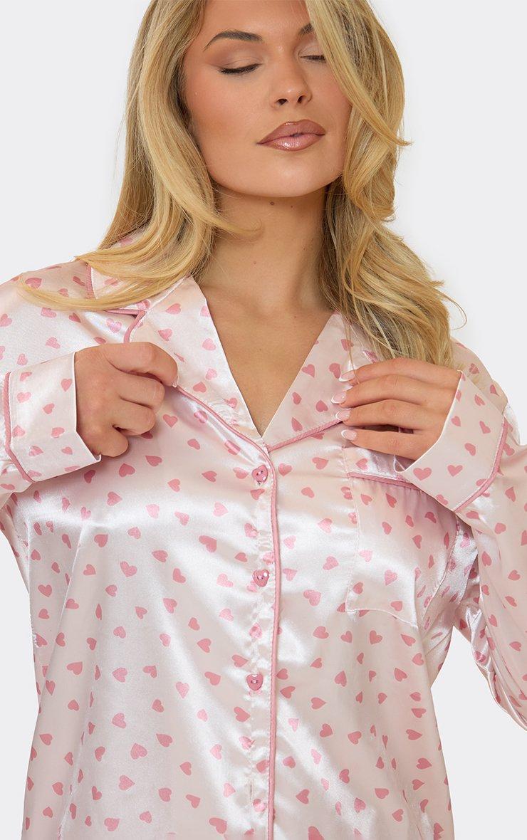 Heart Button Front Shirt And Trouser Pyjama Set In Pink Heart Print ...
