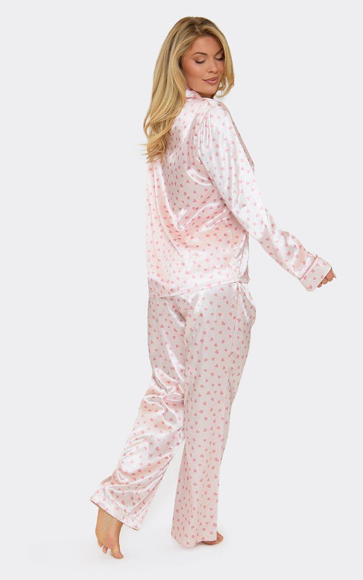 Heart Button Front Shirt And Trouser Pyjama Set In Pink Heart Print ...