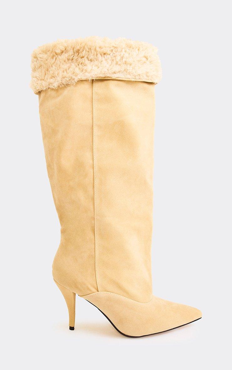 Seattle Faux Fur Trim Pointed Toe Stiletto Heel Knee High Boot In Beige ...