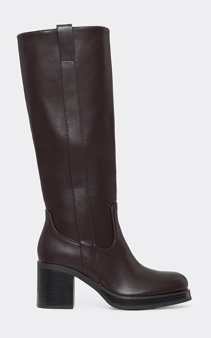 Checker Side Panel Detail Block Heel Knee High Boot In Brown Faux ...