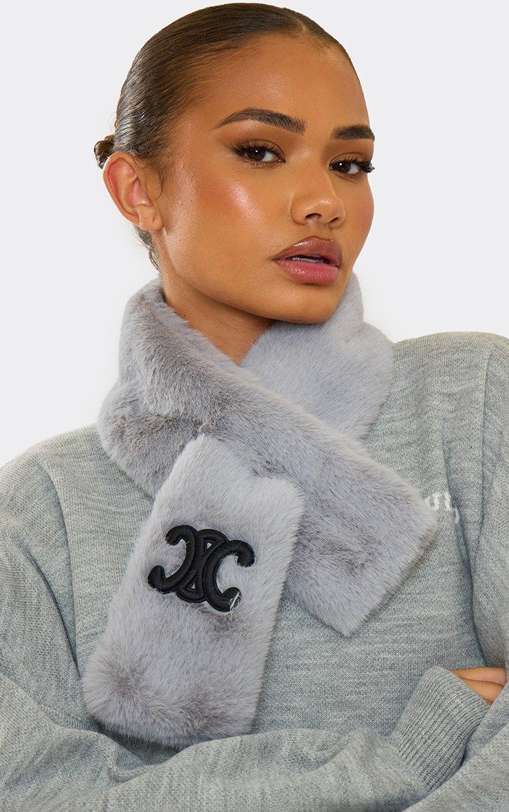 Logo Detail Scarf In Grey Faux Fur | EGO US | EGO