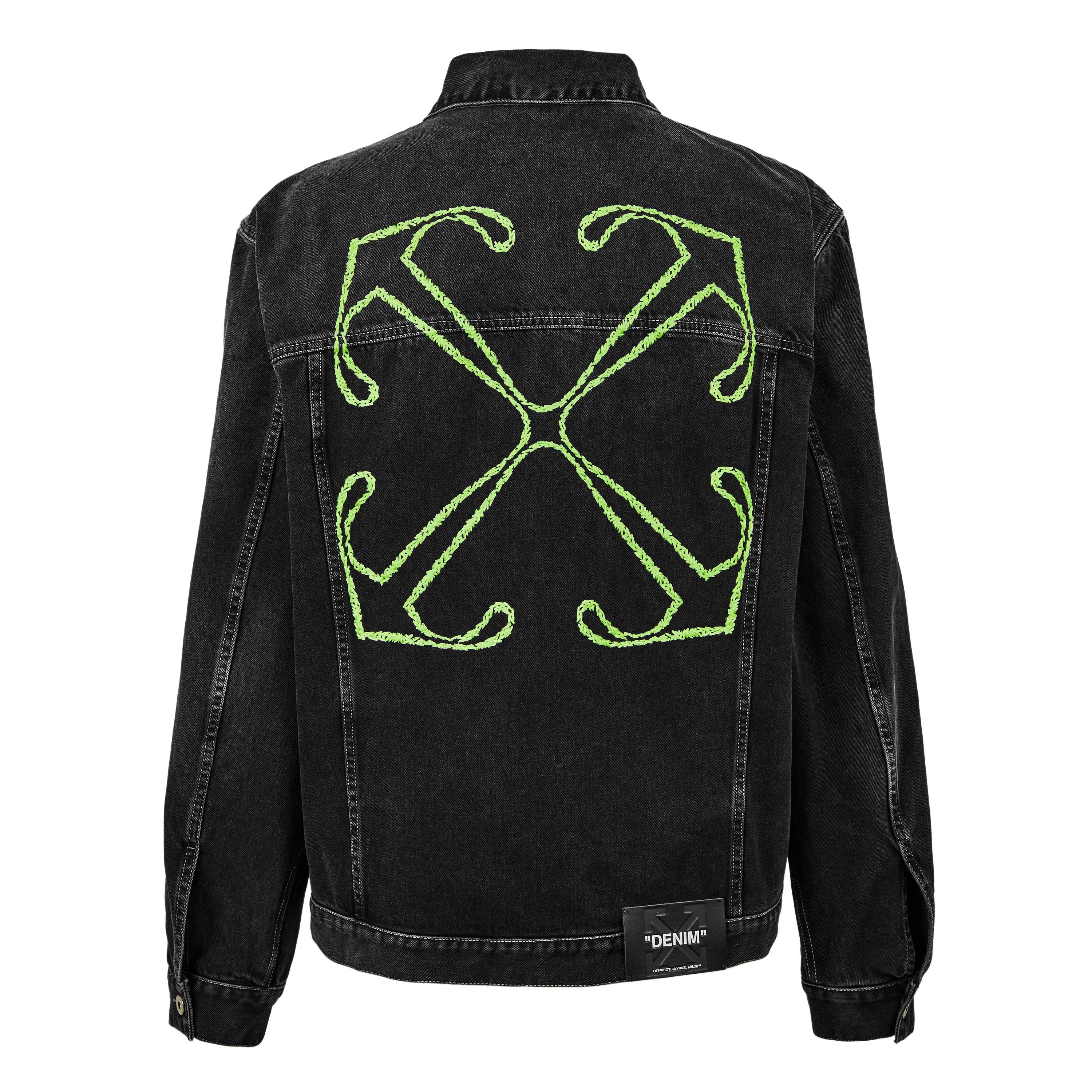 Off White | Men's Black Arrow Outline Denim Jacket with Irregular ...