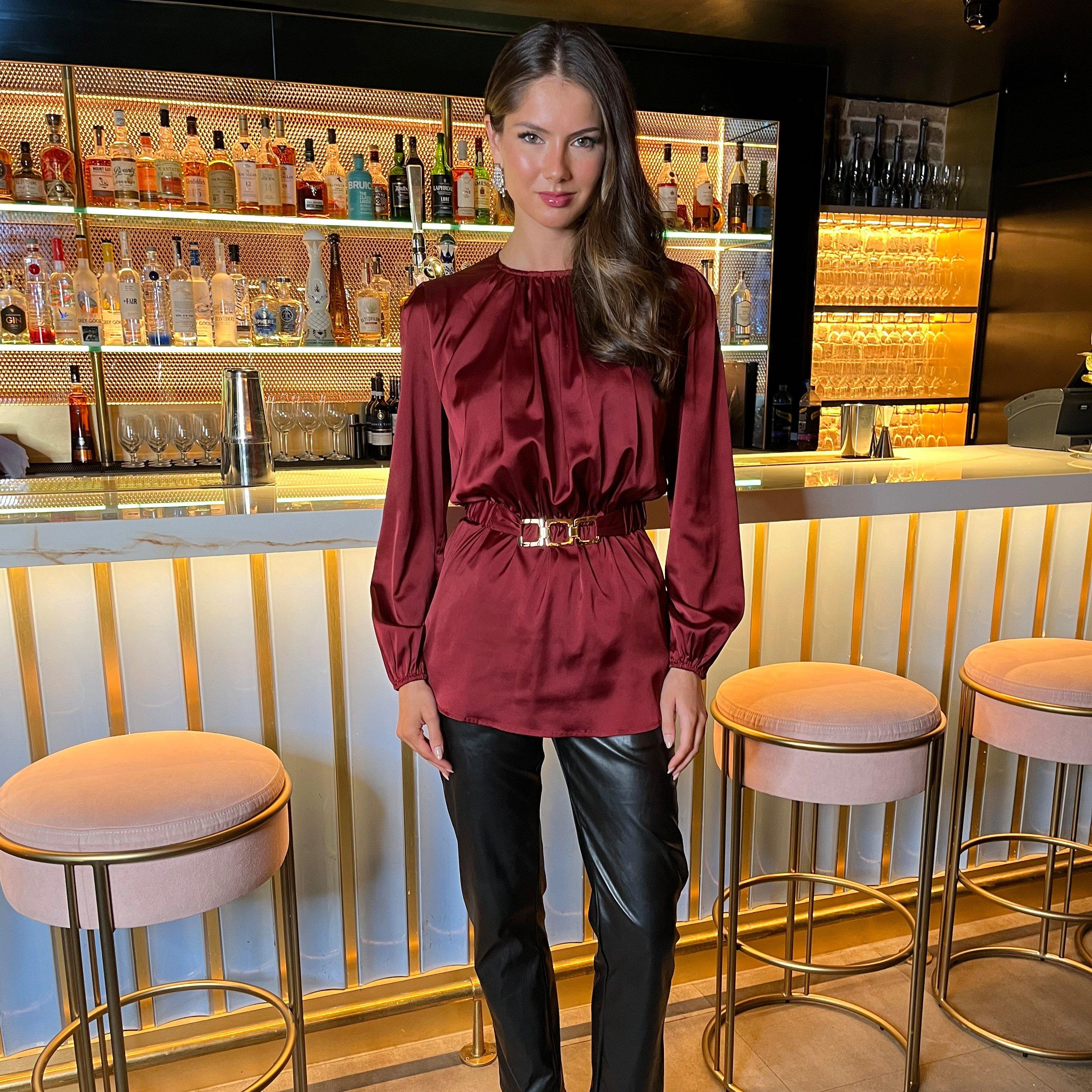 AX Paris | Wine Satin Long Sleeve Gold Detail Belt Top | Pleated Tops | USC