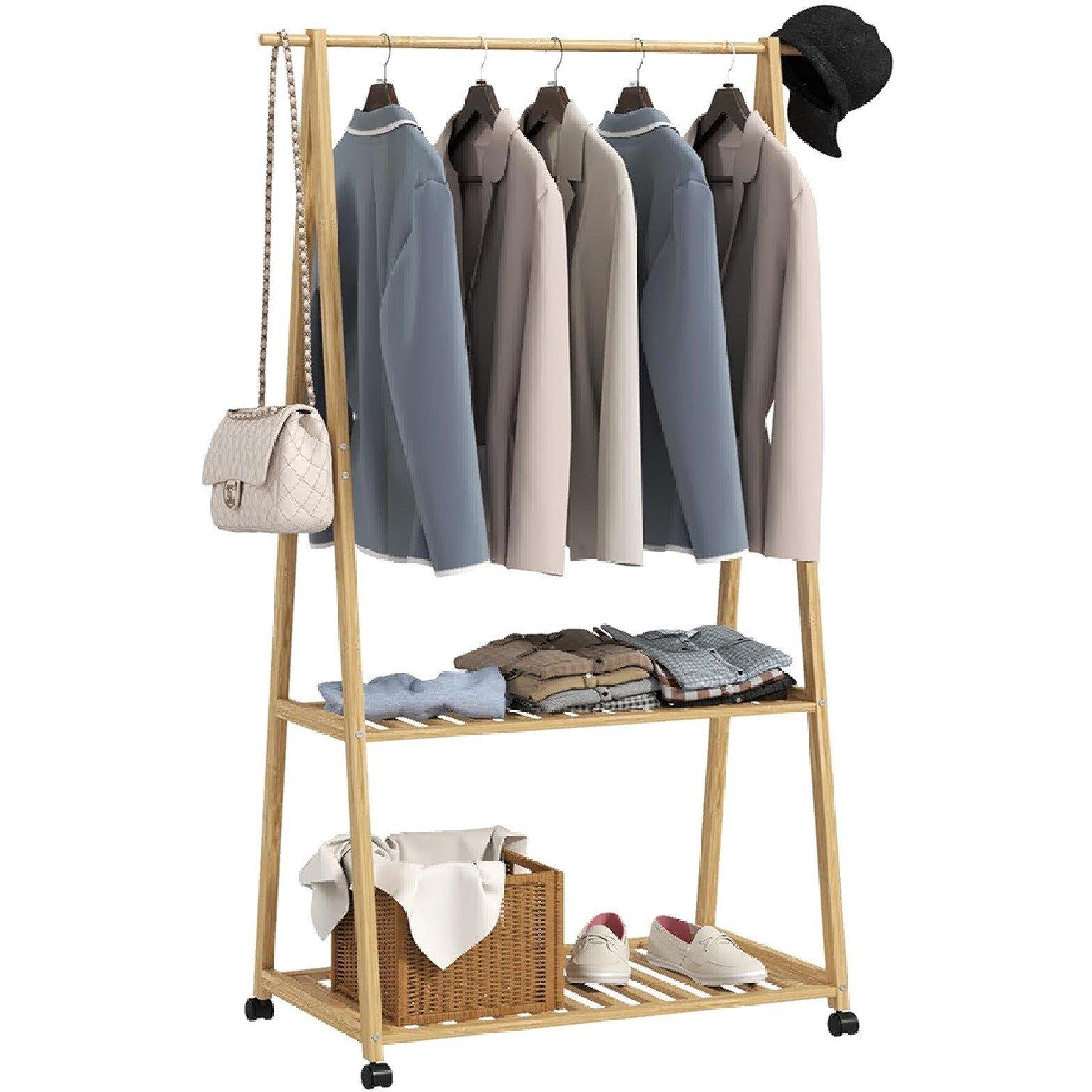 HOMCOM | Bamboo Clothes Rack with Shelves and Hooks | Clothing Rails ...