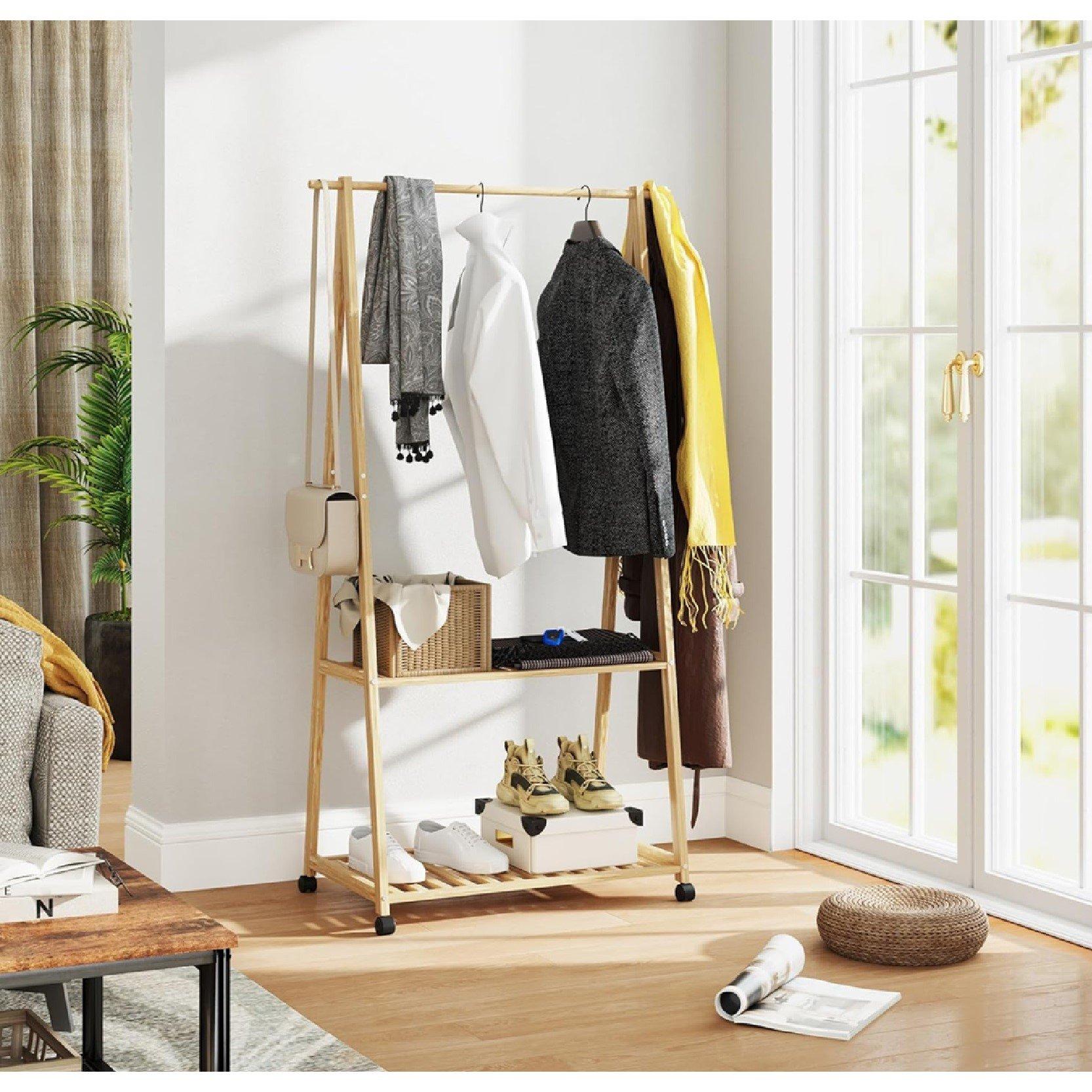 HOMCOM | Bamboo Clothes Rack with Shelves and Hooks | Clothing Rails ...