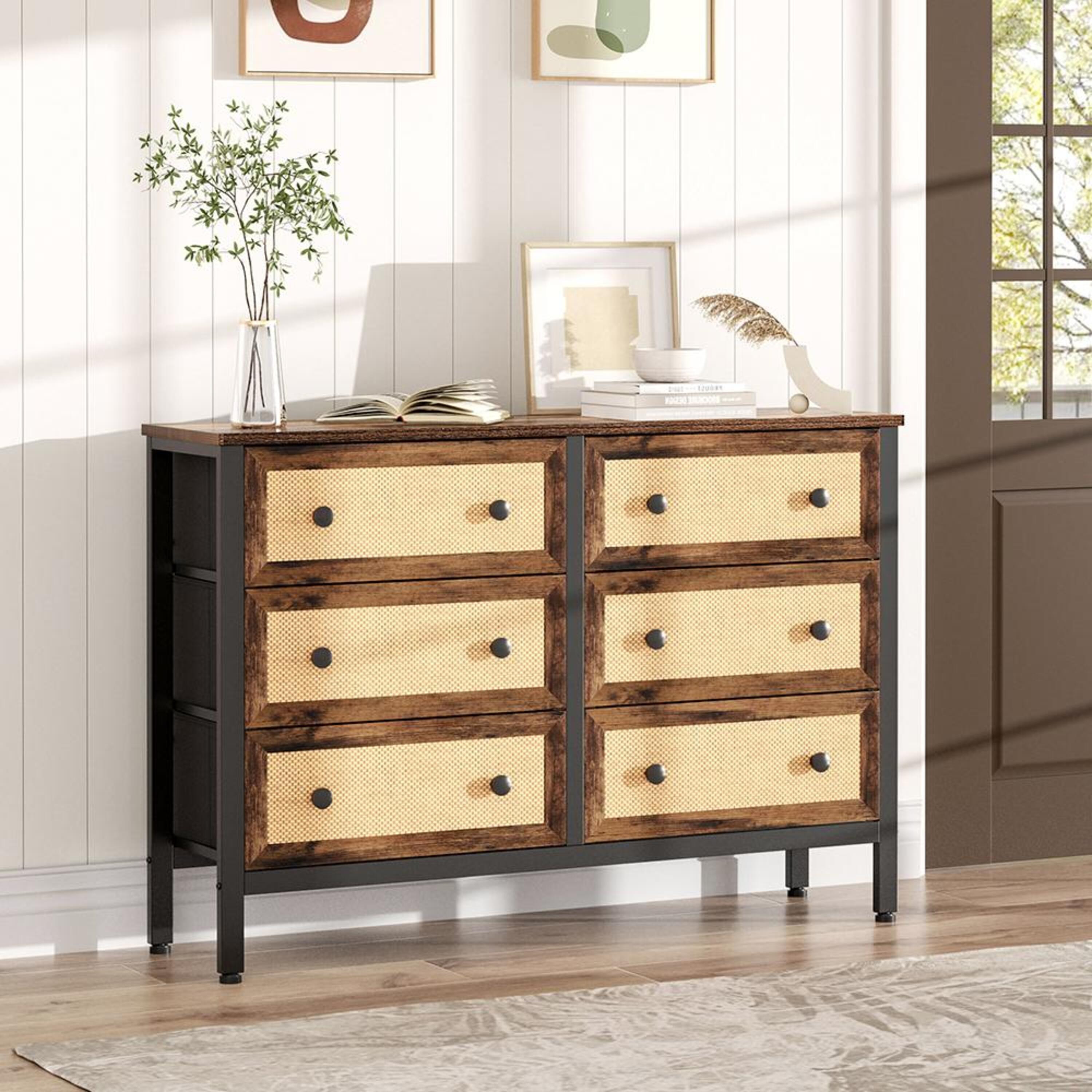 Kabinet UK | 6-Drawer Rustic Rattan Storage Cabinet | Bedside Cabinets ...