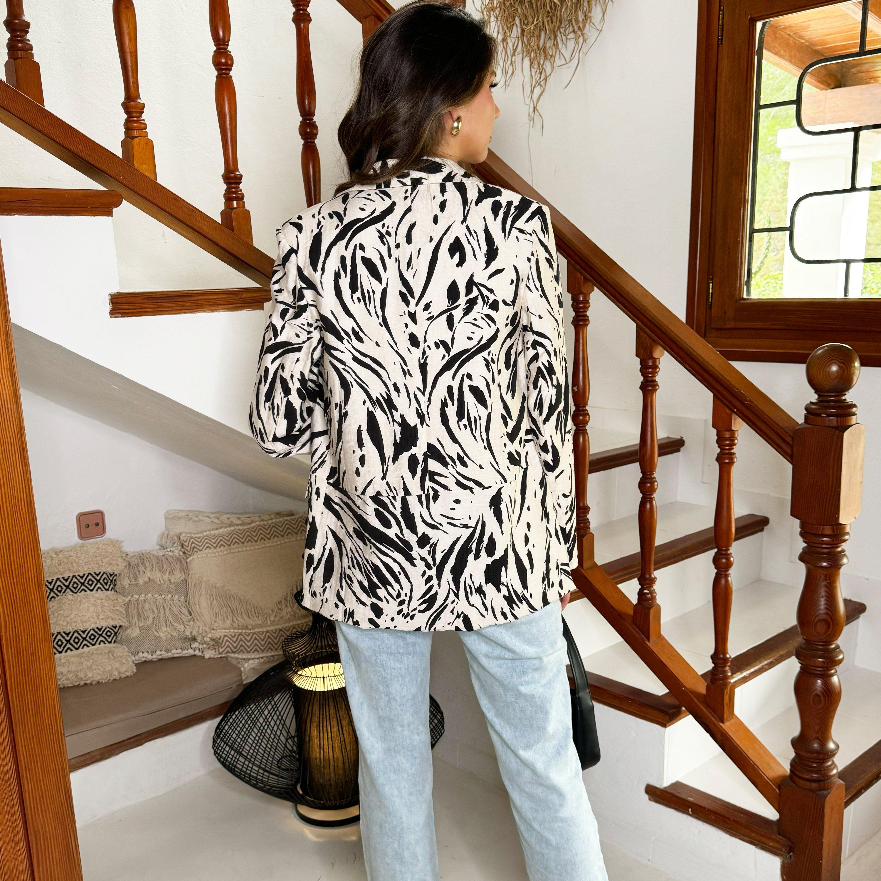 AX Paris | And Black Brush Stroke Print Shawl Collar Open Front Blazer ...