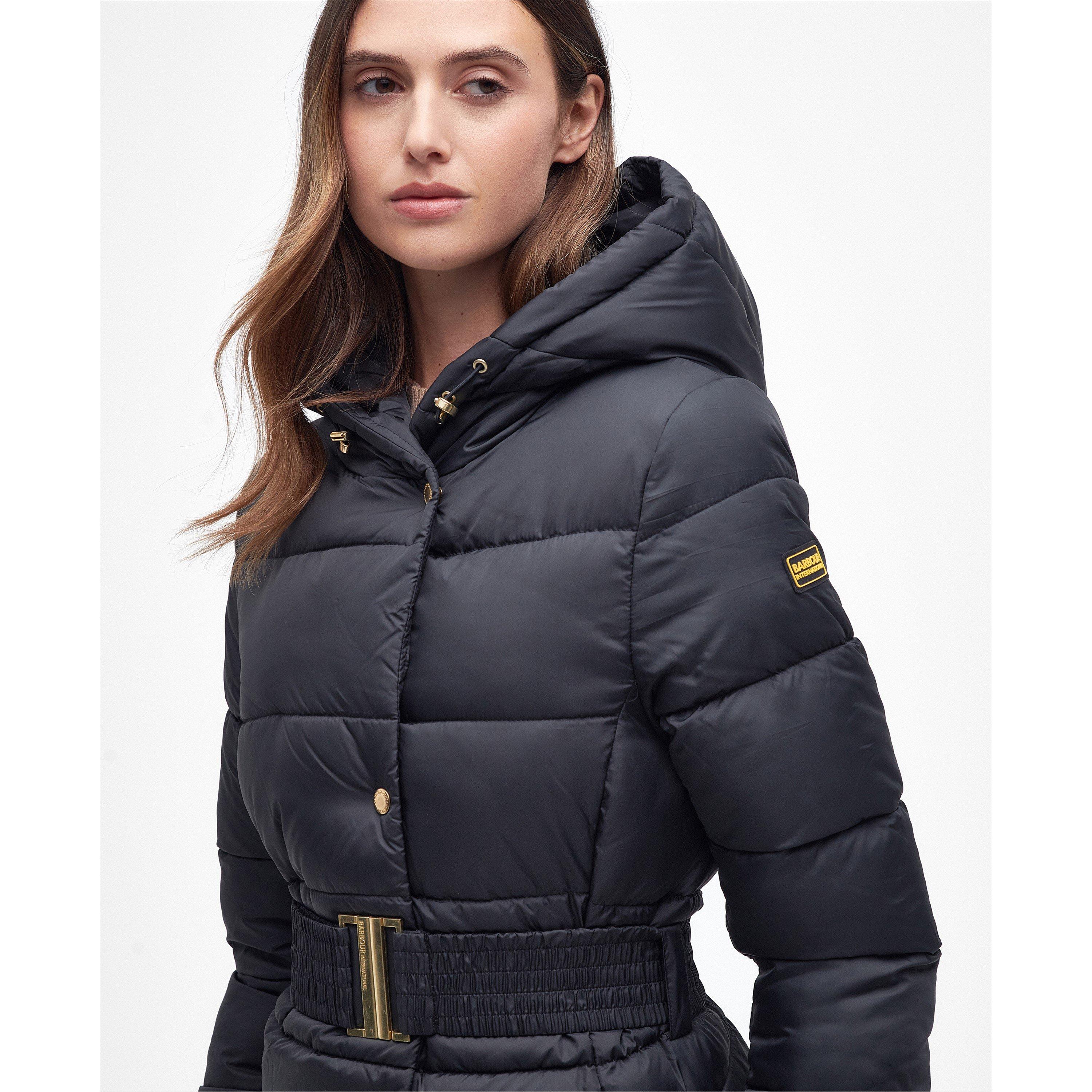 Barbour International | Women's Track Line Hooded Long Sleeve Long Puffer Jacket | Long Puffer ...