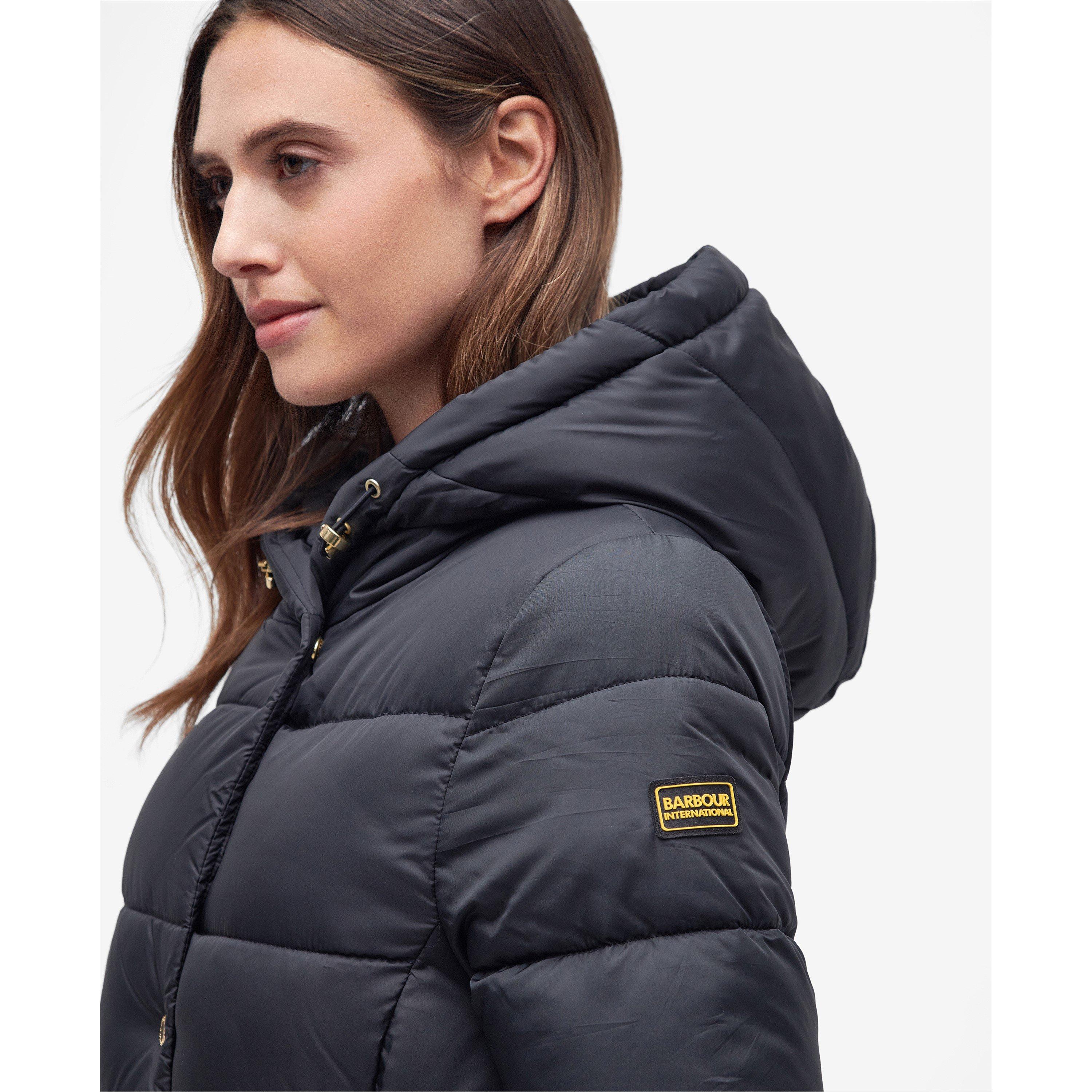 Barbour International | Women's Track Line Hooded Long Sleeve Long Puffer Jacket | Long Puffer ...