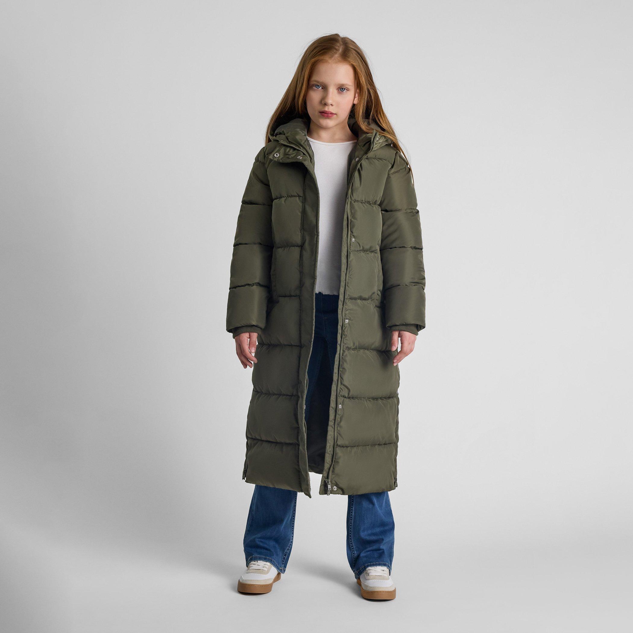 Minoti Girls long winter quilted coat side slits khaki | FRASERS