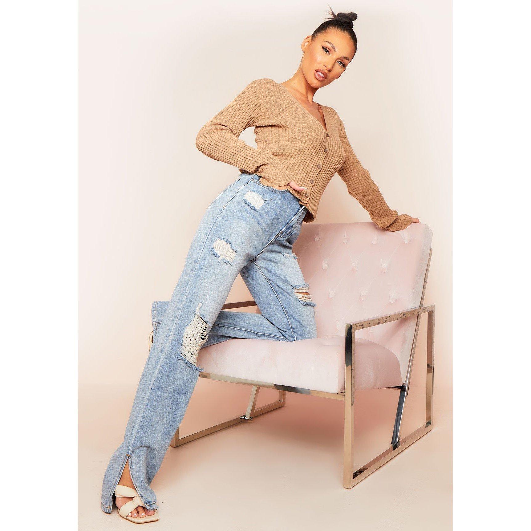 Missy Empire | Mid Wash Ripped Split Hem Straight Leg Jeans | Straight ...