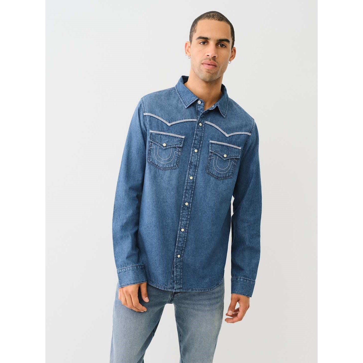 True Religion TR Chambray Long Sleeve Flannel Shirt Mens | FRASERS