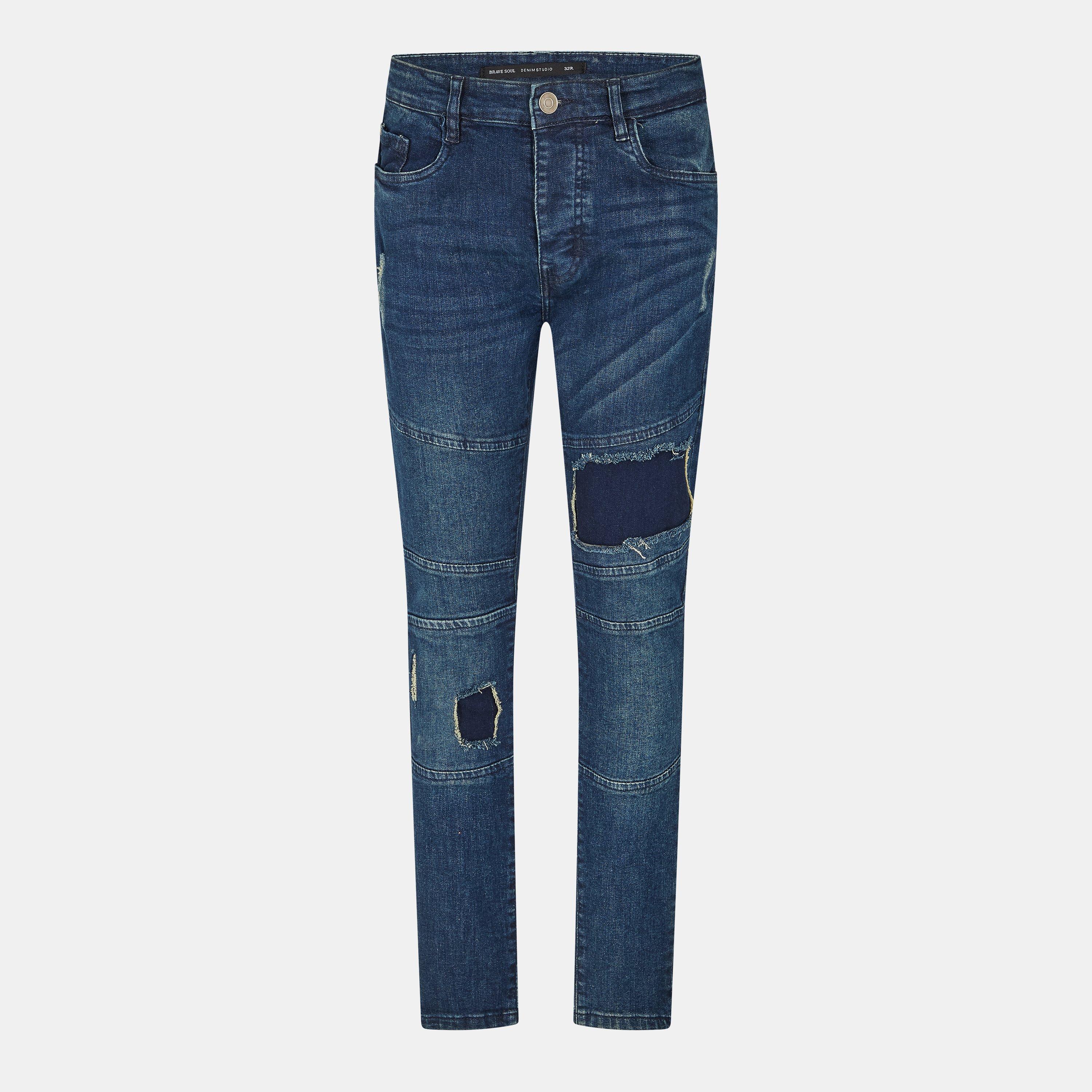 Brave Soul Mens Dark Blue Biker Jeans with Rip & Repair Patch Details ...