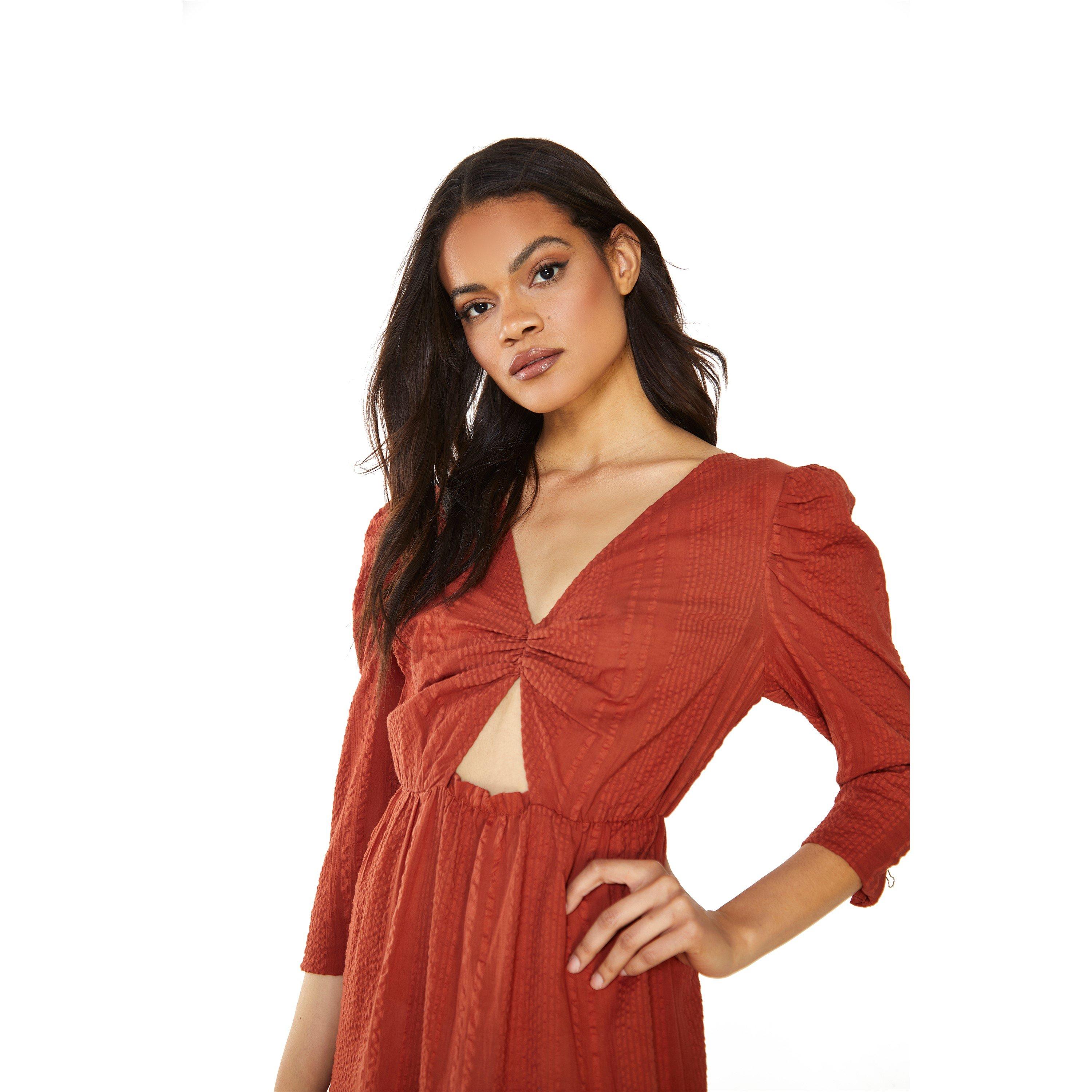 Glamorous | Rust Long Sleeve Midi Dress | Cut Out Dresses | USC