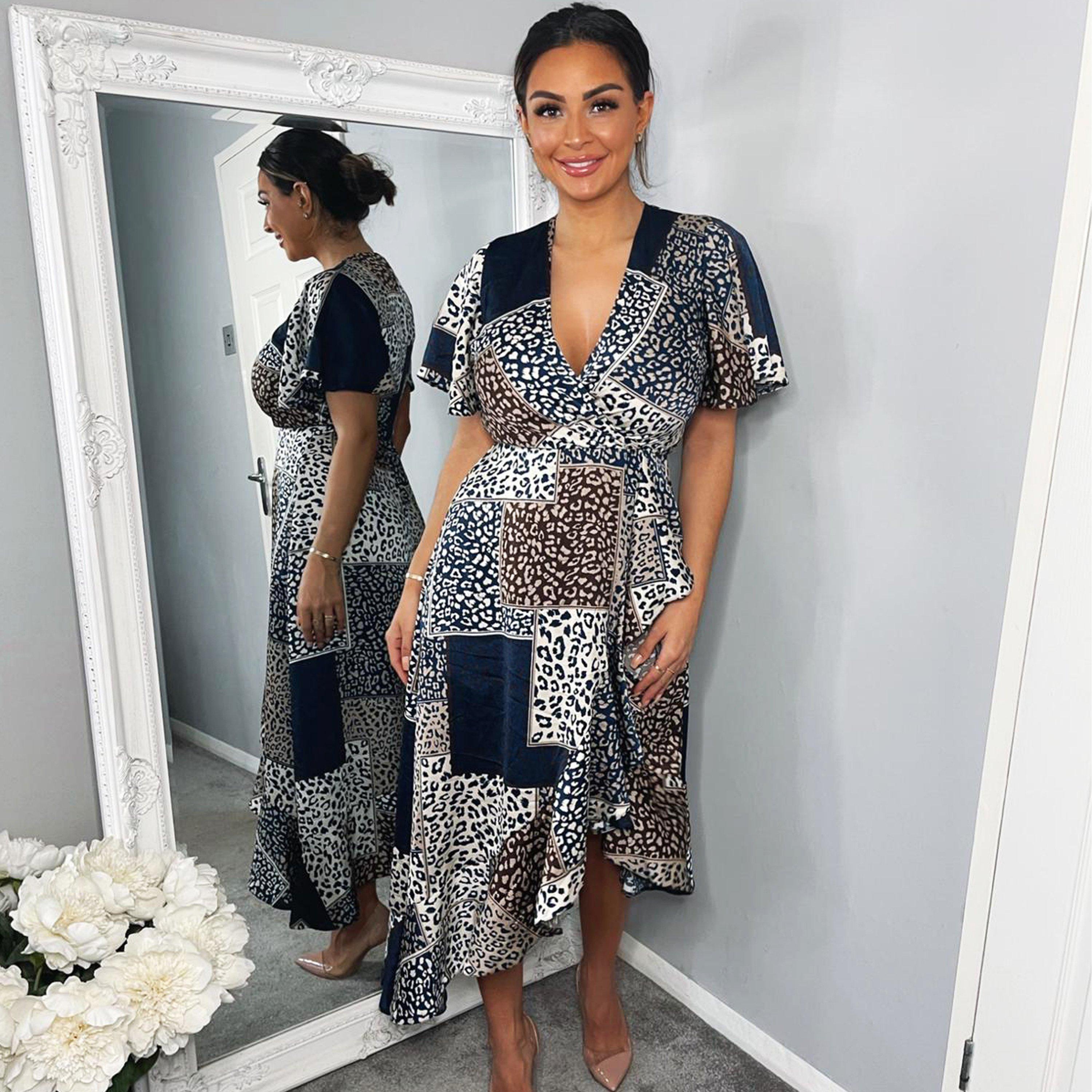 AX Paris | Navy Animal Print Patchwork Wrap Midi Dress | Wrap Dresses ...