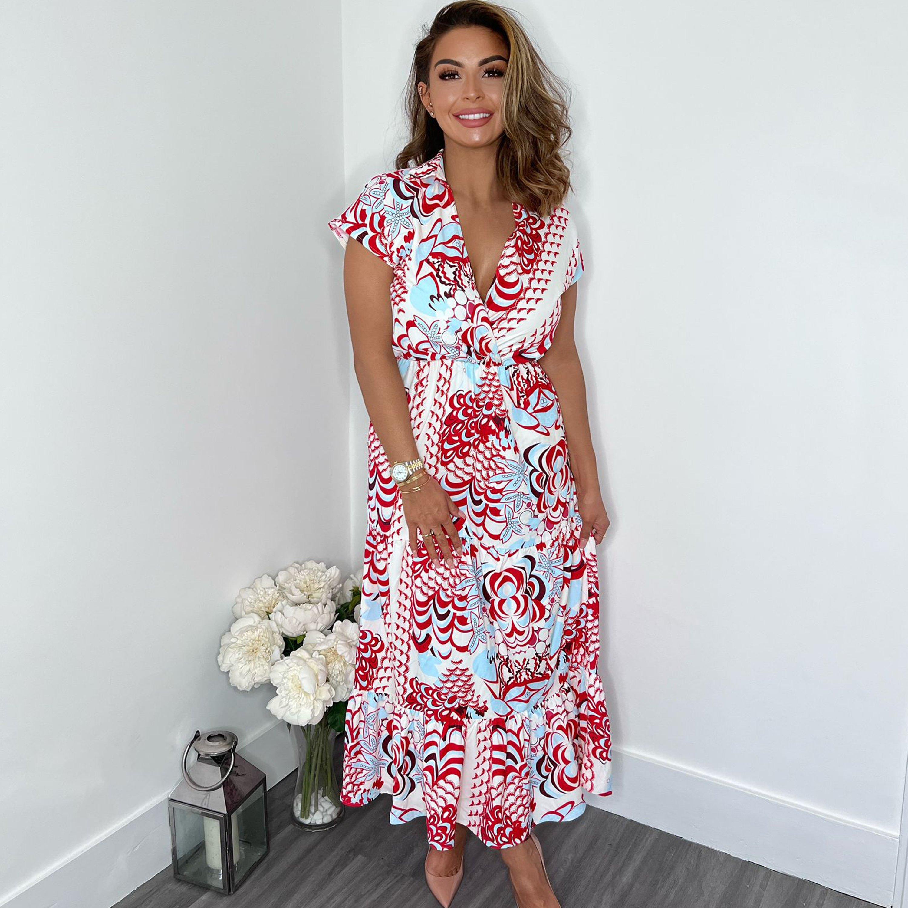 AX Paris | Red Cream And Blue Printed Maxi Smock Dress | Maxi Dresses | USC