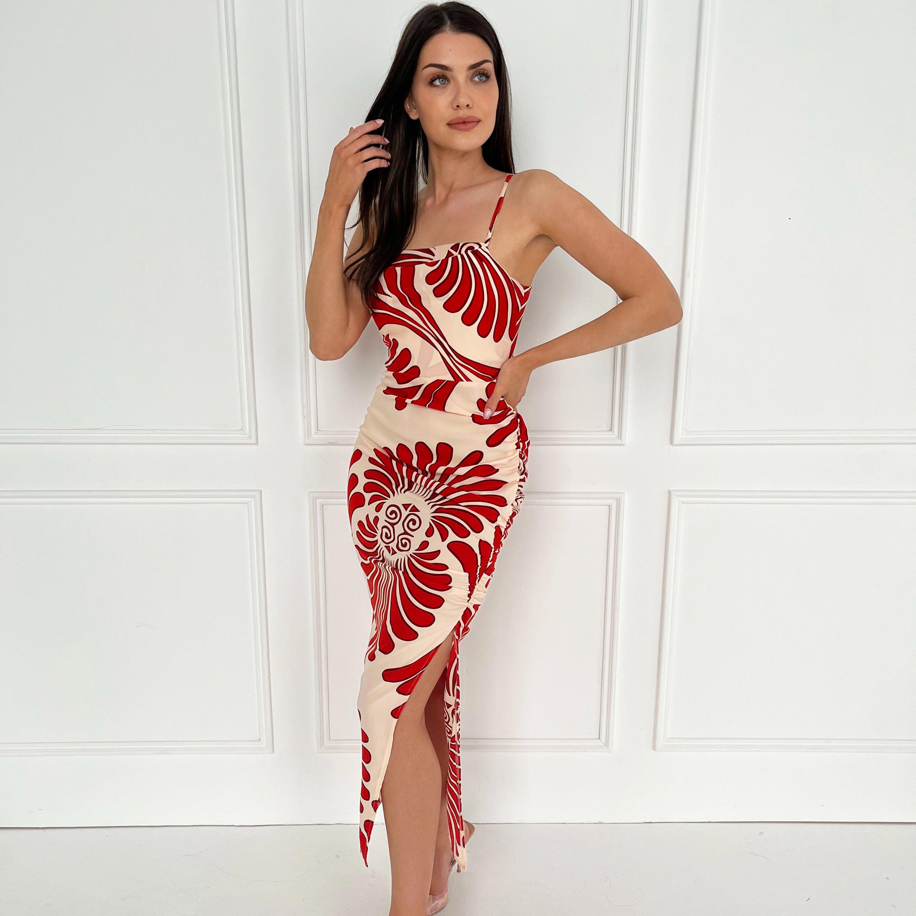 AX Paris | Burnt Orange Abstract Print Cowl Neck Ruched Side Strappy ...