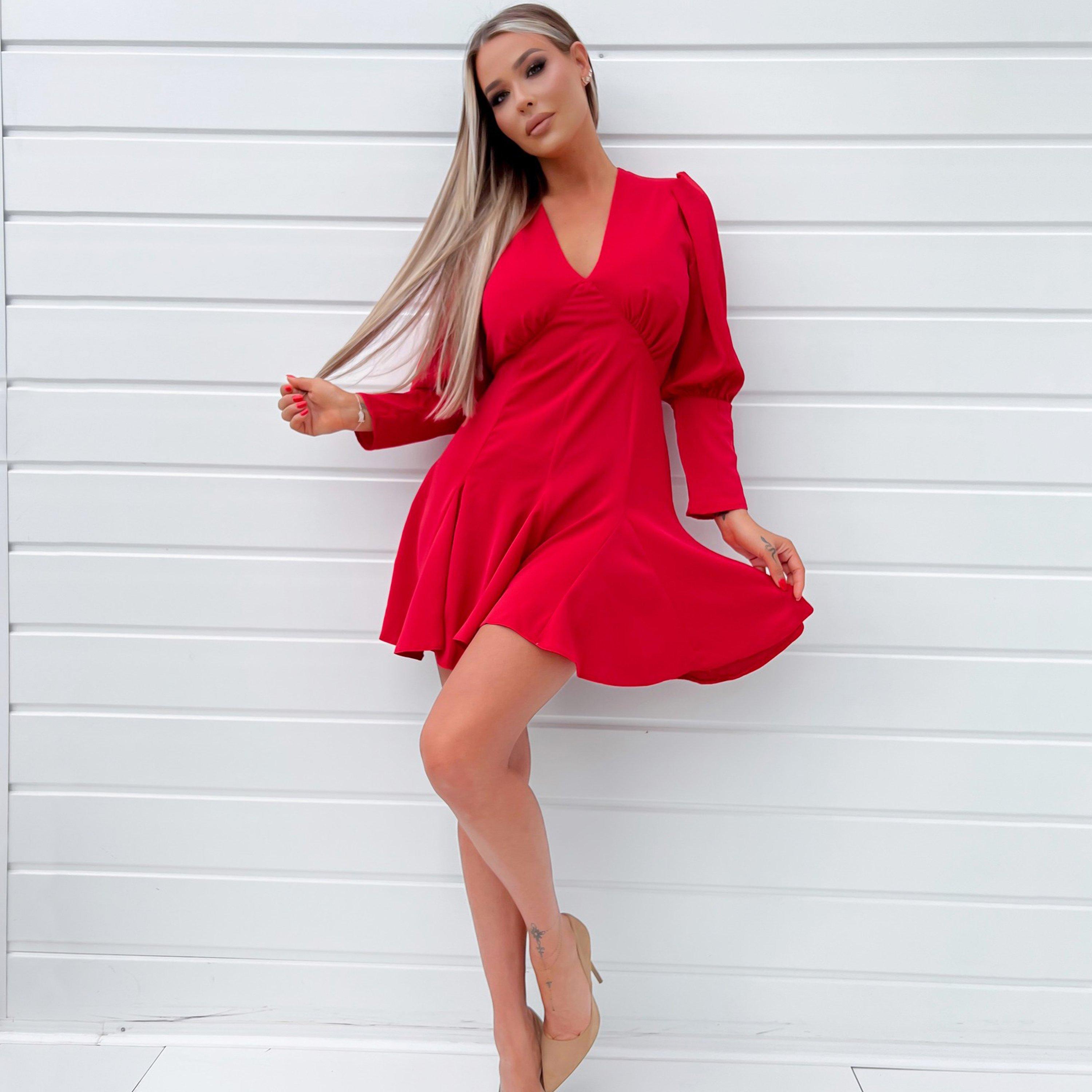 AX Paris Red V-Neck Long Sleeve Skater Dress | FRASERS