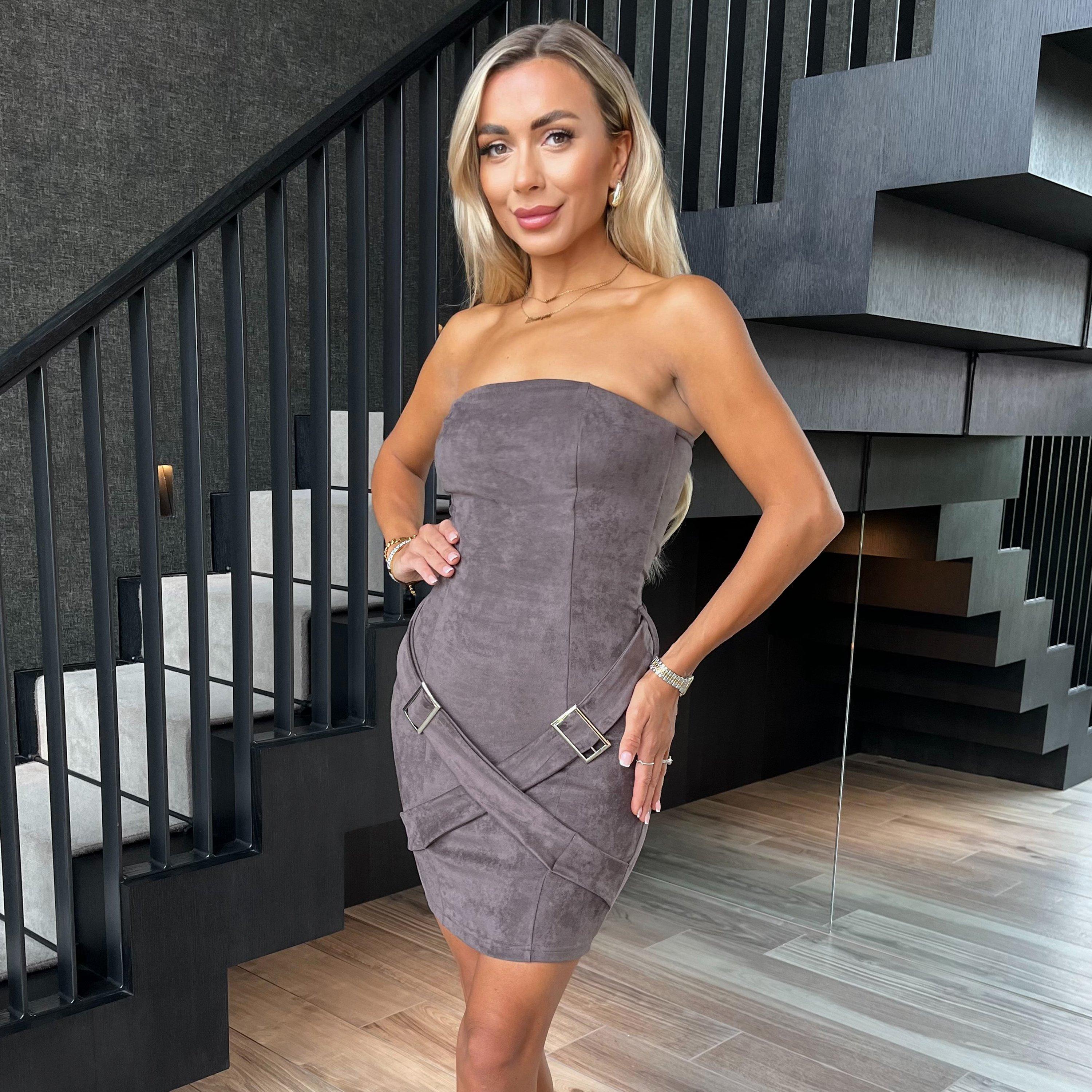 AX Paris | Greige Faux Suede Strapless Cross Belt Detail Mini Dress ...