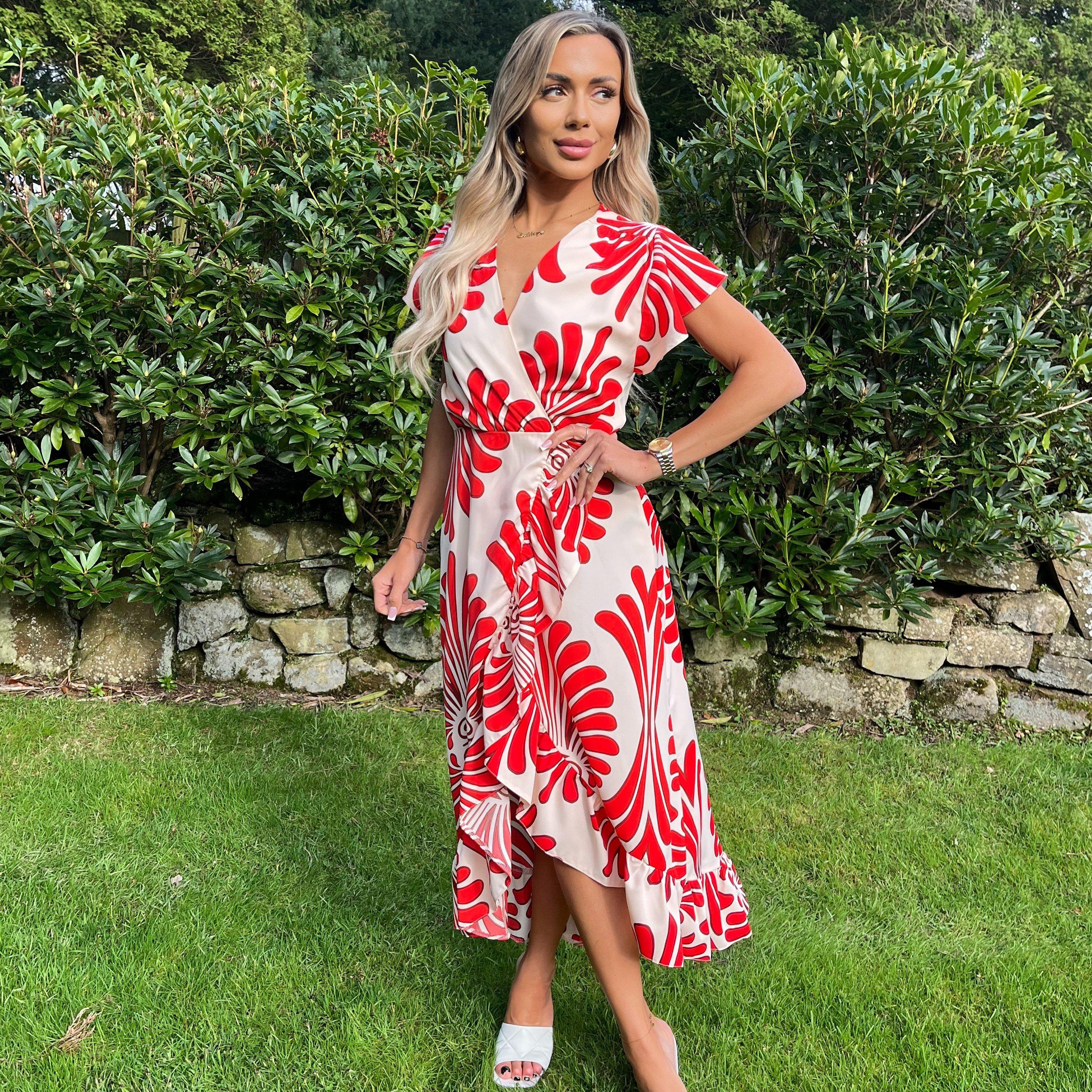 AX Paris Abstract Print Wrap Over High Low Frill Hem Midi Dress | USC