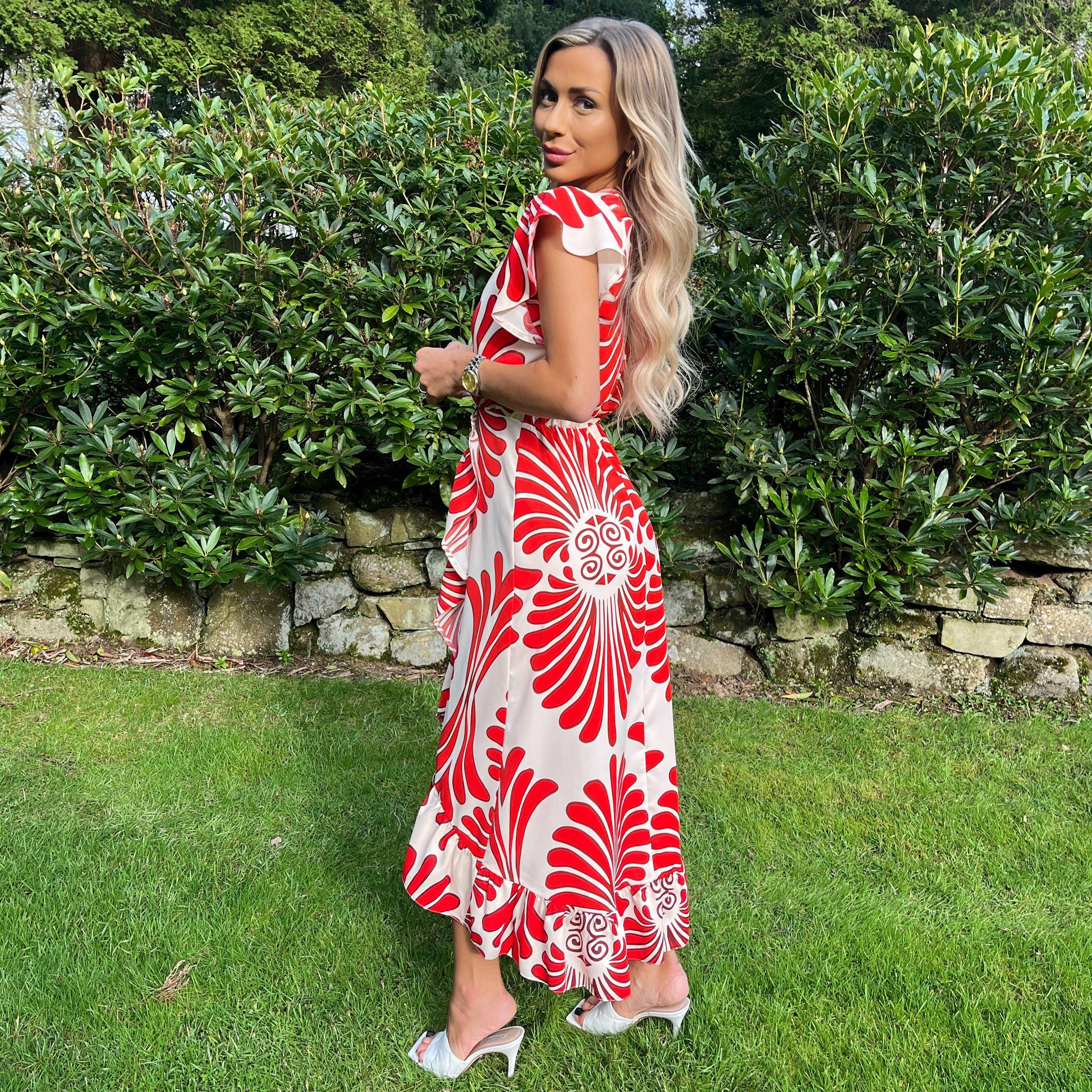 AX Paris Abstract Print Wrap Over High Low Frill Hem Midi Dress | FRASERS