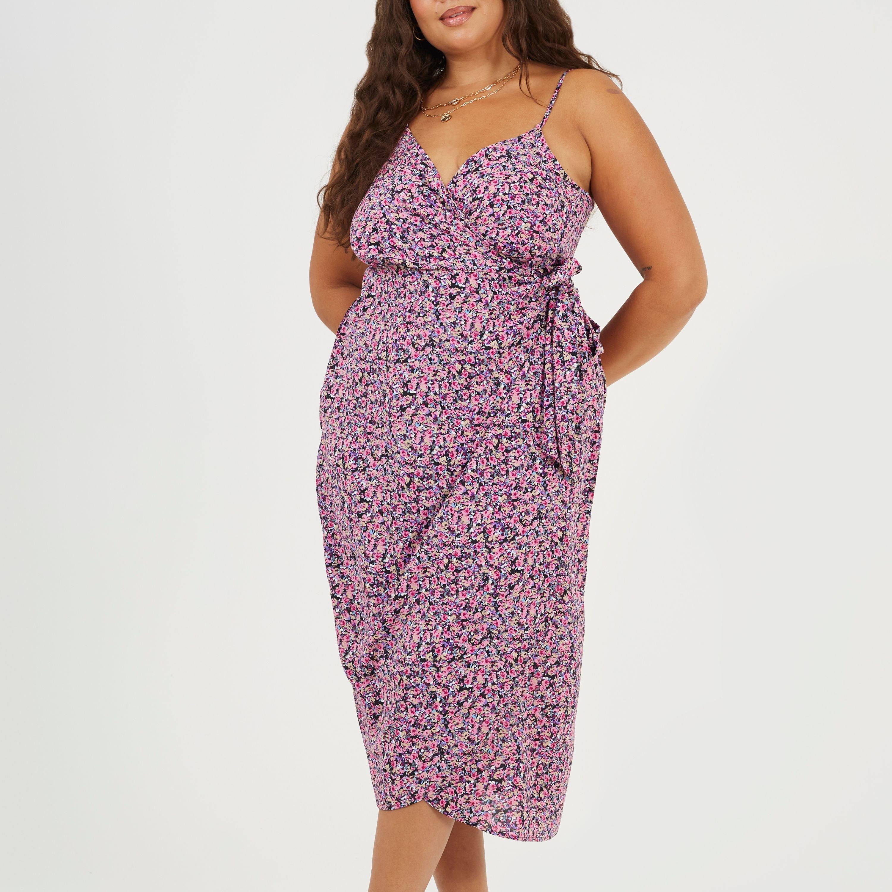 Brave Soul Plus Size Knot Front Strappy Midi Dress with Floral Print ...