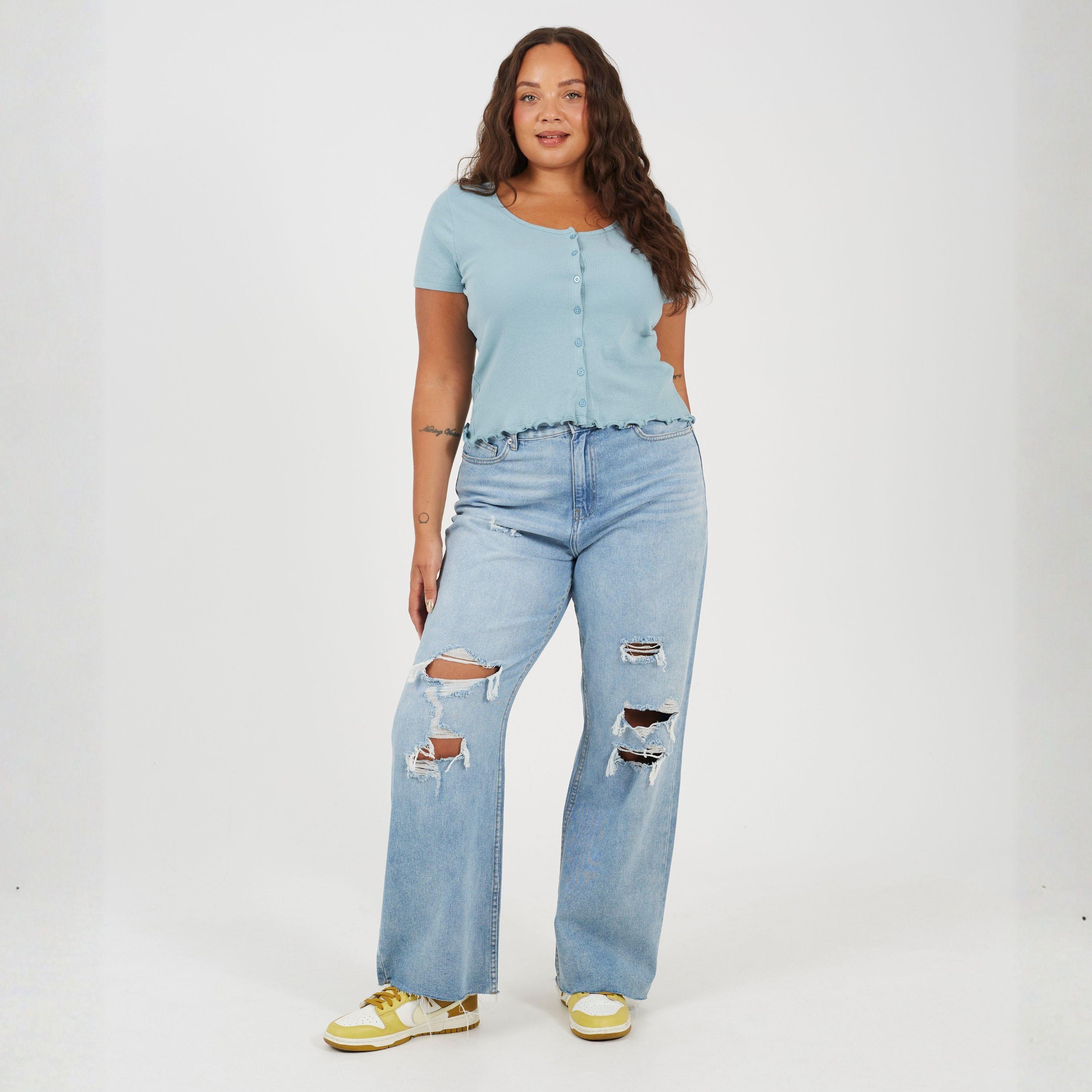 Brave Soul Plus Size Button Through Short Sleeve Top with Lettuce Hem ...