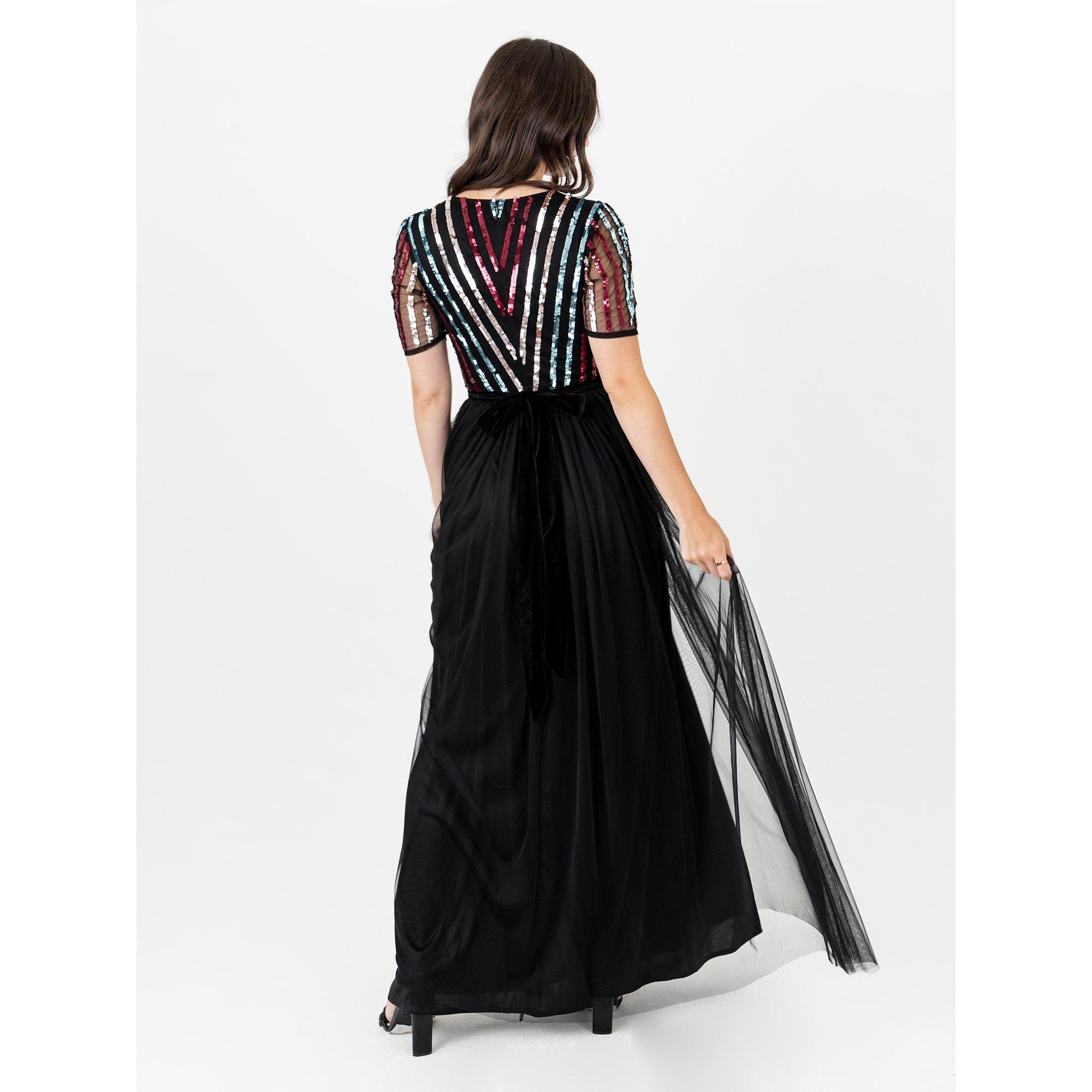 Maya Deluxe Maya Multi Stripe Embellished Black Maxi Dress with Velvet ...