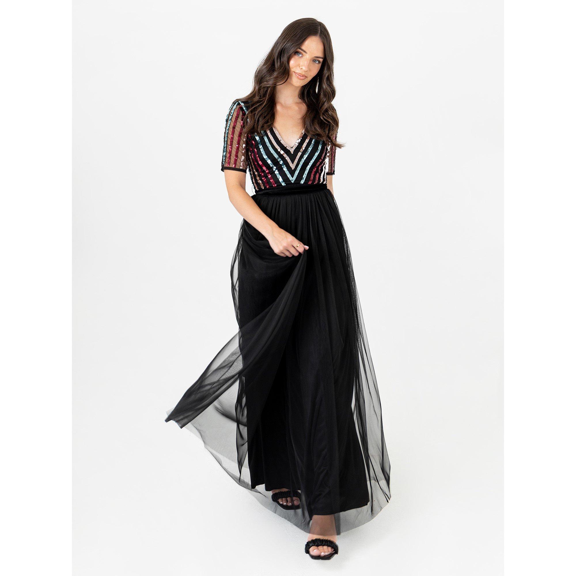Maya Deluxe Maya Multi Stripe Embellished Black Maxi Dress with Velvet ...