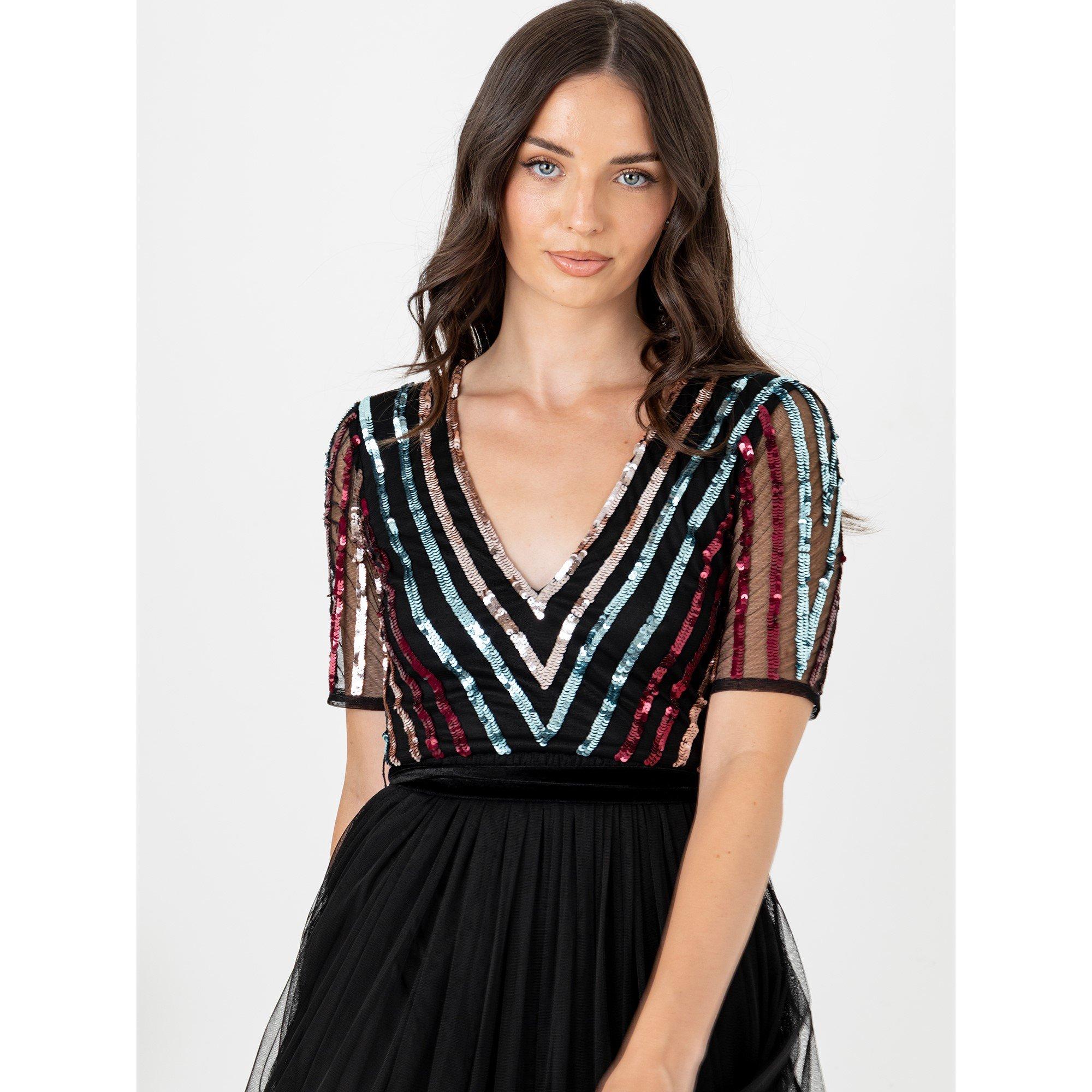 Maya Deluxe Maya Multi Stripe Embellished Black Maxi Dress with Velvet ...