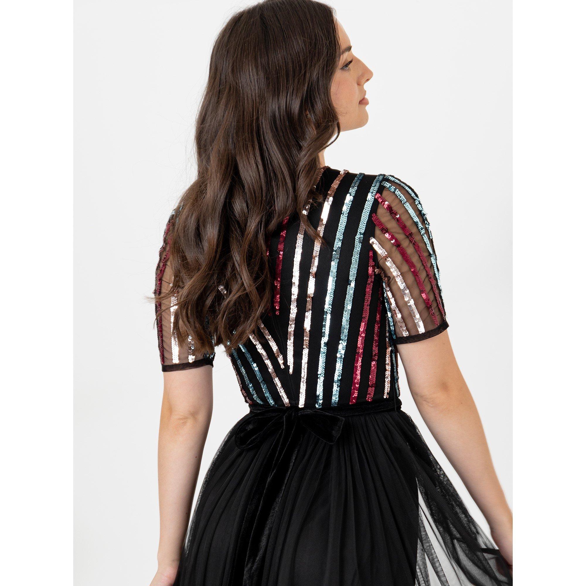Maya Deluxe Maya Multi Stripe Embellished Black Maxi Dress with Velvet ...