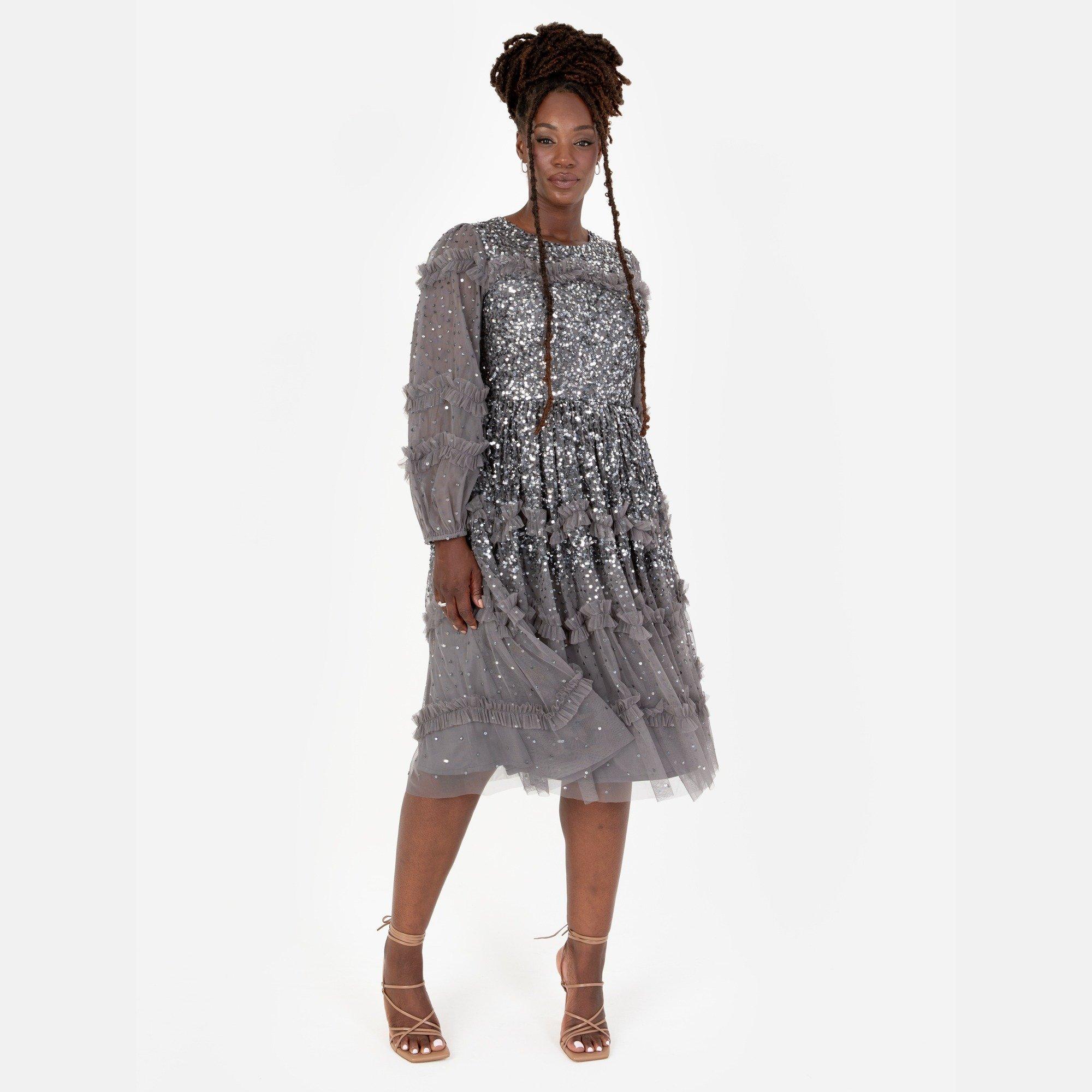 Maya Deluxe Maya Charcoal Fully Embellished Maxi Sleeve Midi Dress with ...