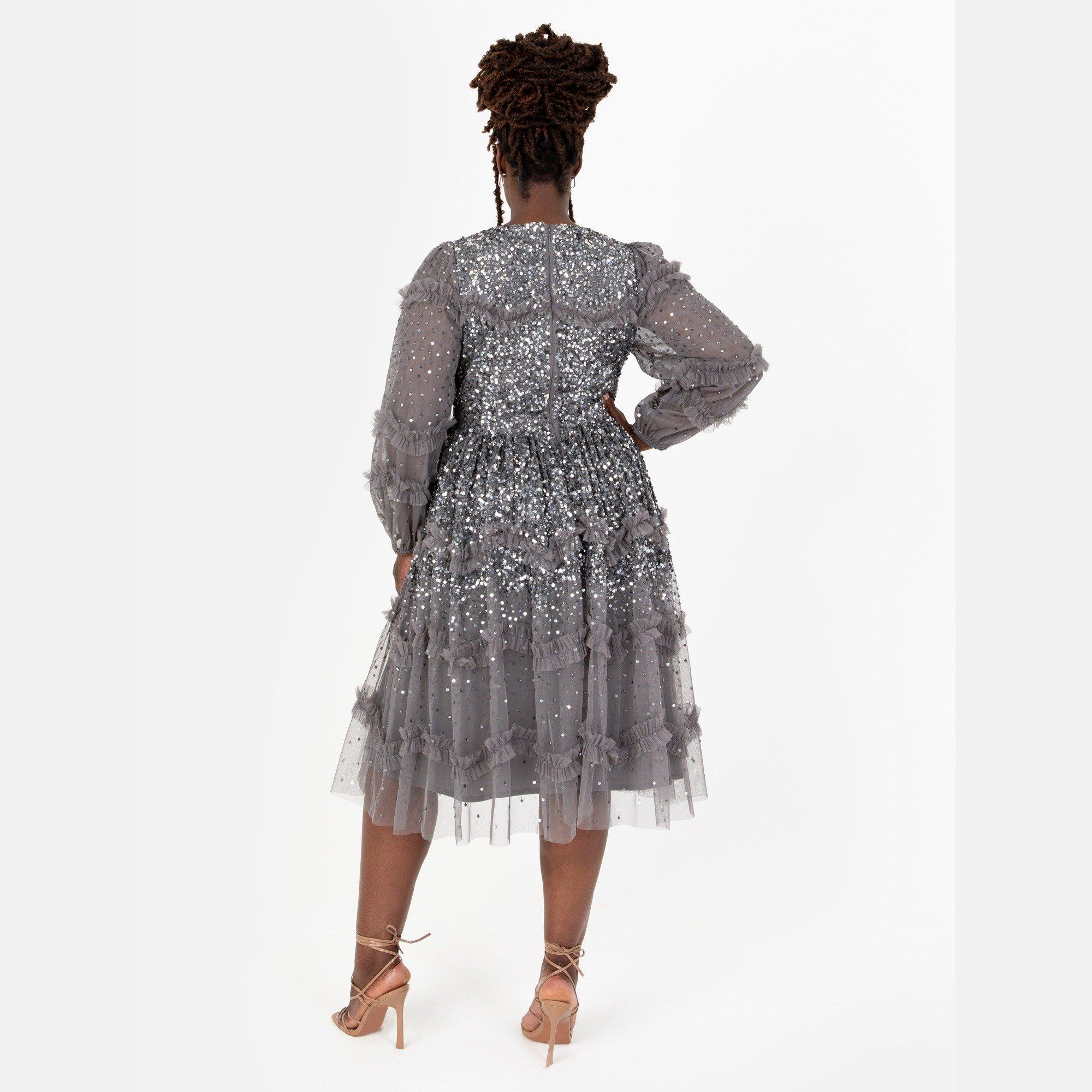 Maya Deluxe Maya Charcoal Fully Embellished Maxi Sleeve Midi Dress with ...