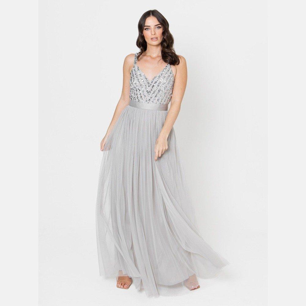 Maya Deluxe Maya Soft Grey Sleeveless Stripe Embellished Maxi Dress ...