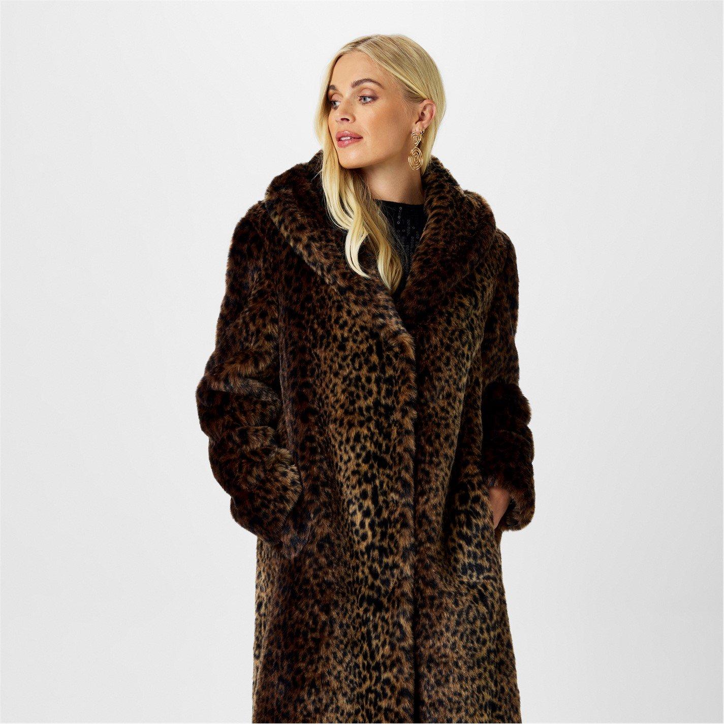 Biba | Women's Archive Faux Fur Leopard Long Sleeve Mid-Length Coat ...